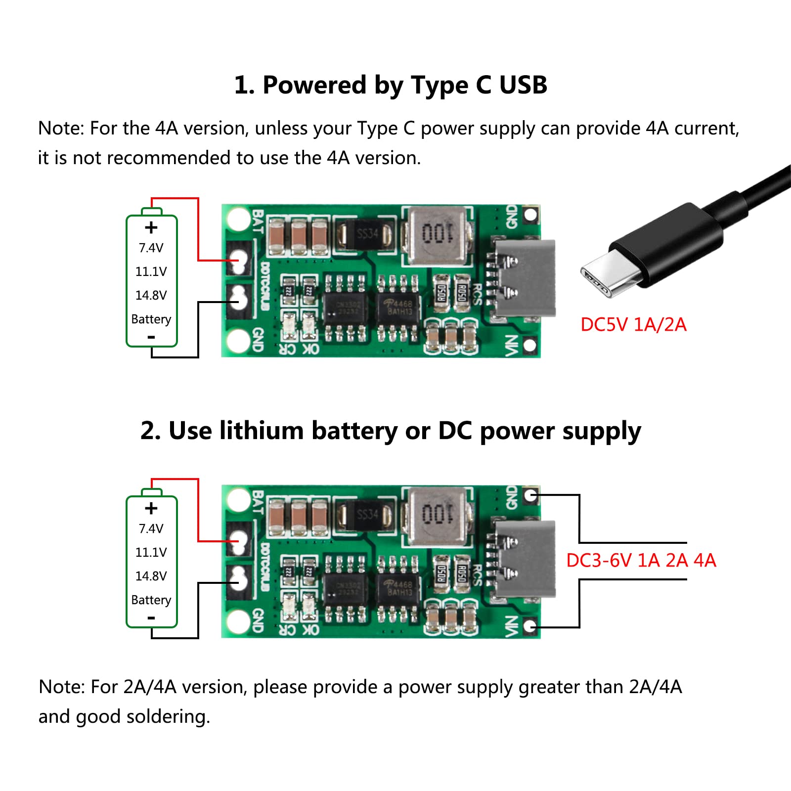 AITIAO 2PCS Type C BMS 2S 3S 4S 1A 2A 4A 18650 3.7V Lithium Battery Charge Board Step-Up Boost Li-Po Polymer USB C to 8.4V 12.6V 16.8V(3S 2A)