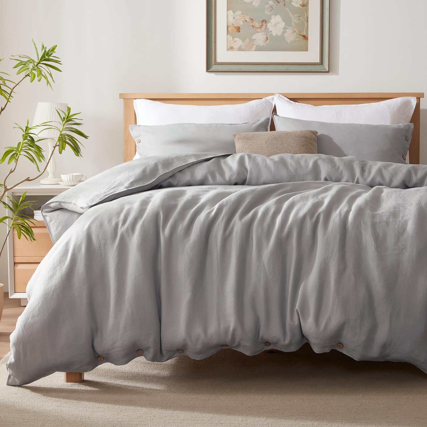 TOSMO 100% Linen Duvet Cover Set with Button Closure, 3 Pieces (1 Duvet Cover with 2 Pillowcases), Soft Breathable Durable Farmhouse Bedding - King, Soft Grey