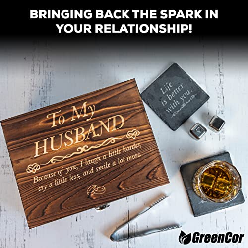 GreenCor Anniversary for Husband, Men, Him- Engraved 'To My Husband' Whisky Glass Gift Set for Birthday, Wedding Annniversary