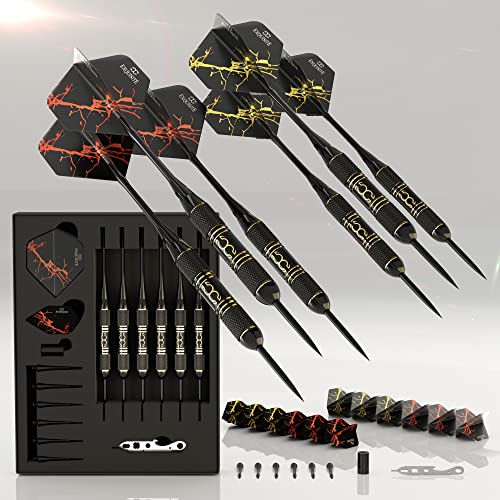 CC-Exquisite Professional Steel Tip Darts Set - 6 x 22g Brass Barrels with 12 Flights Standard/Slim, 12 Aluminum Shafts 35/48mm, 12 O-Rings, Dart Tool, Dart Sharpener and Case (Black & Gold)