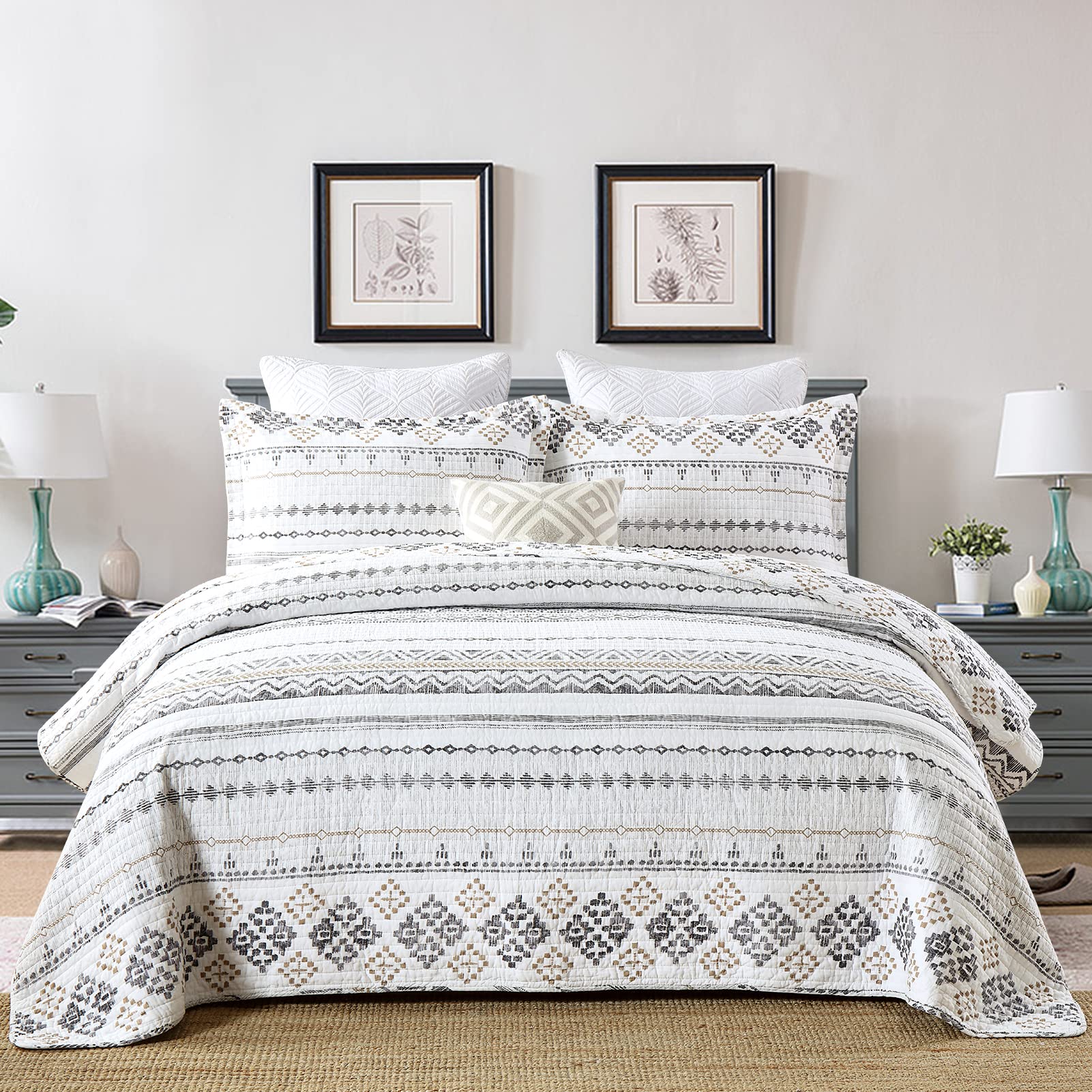 SahSahCasa Quilt King Size, Set, 100% Cotton Boho Quilt, Bedding Set Bedspreads, Bohemian Reversible Lightweight Striped Quilts Bedspread for All Season, White/Grey, 3 Pieces