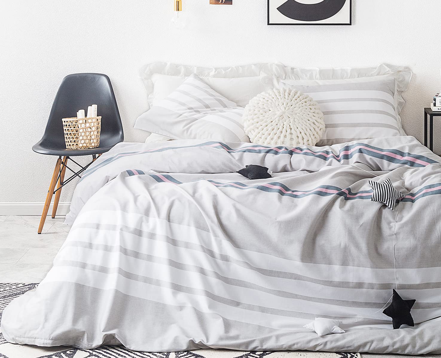 SUSYBAO Pink Striped Duvet Cover King 100% Cotton Gray White Striped Duvet Cover 3 Pieces Set 1 Farmhouse Horizontal Stripe Duvet Cover with Zipper Ties 2 Pillowcases Soft Grey Geometric Bedding
