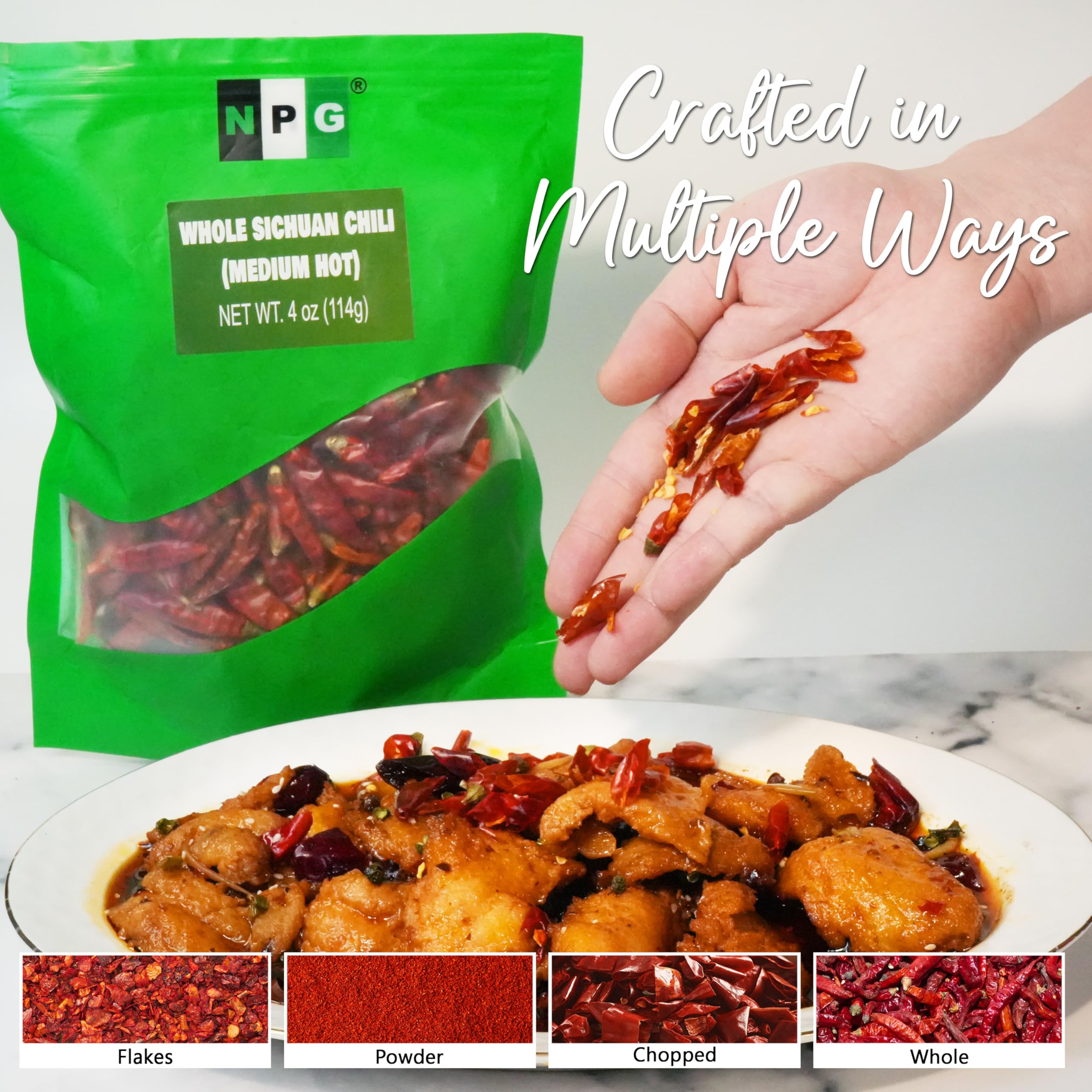 NPG Sichuan Red Chili Peppers 4 Ounces, Medium Hot, Capsicum Annuum Used in Mexican, Chinese, Thai Dishes, Premium Szechuan Dried Red Chilies for Chili Oil, Paste, and Sauce