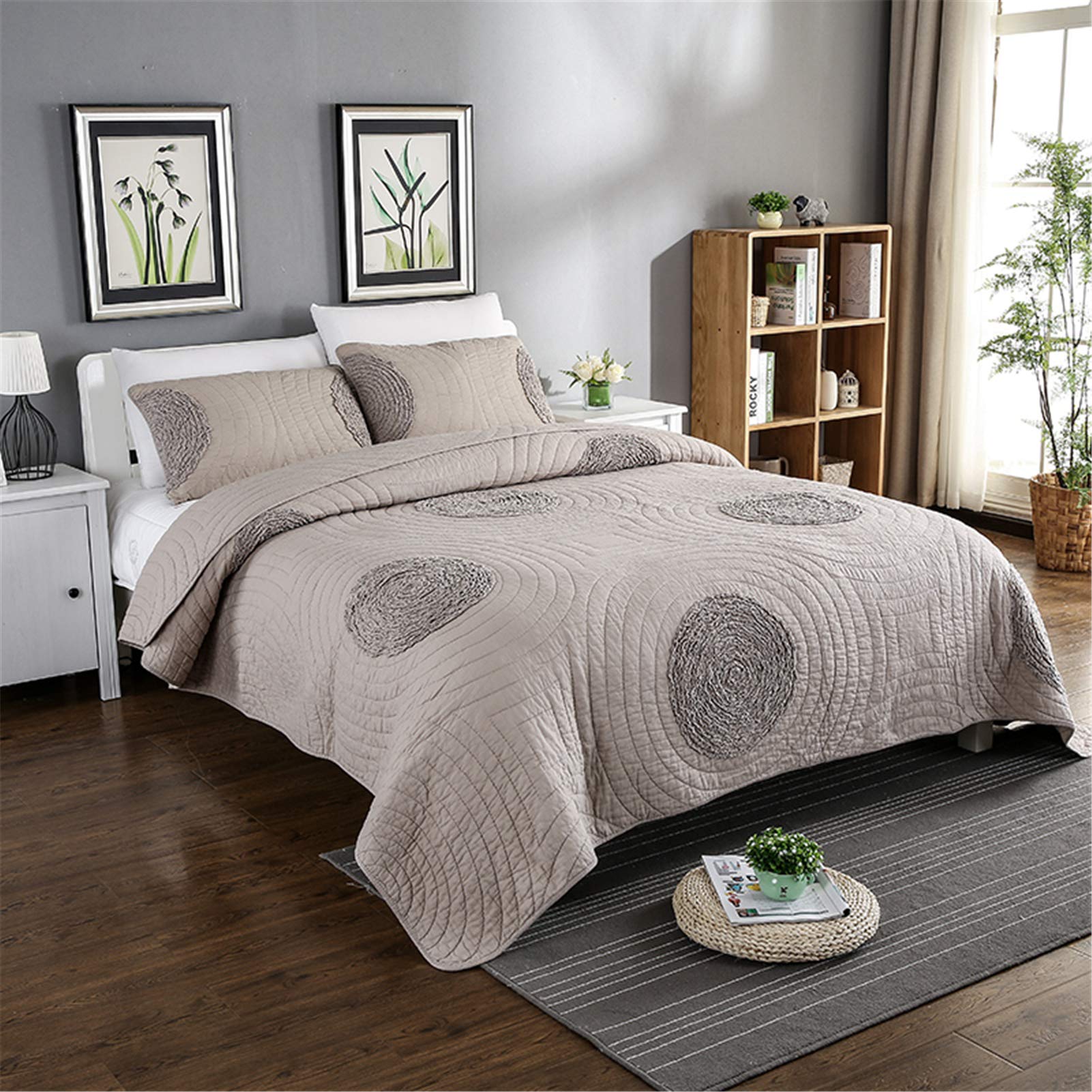 ABREEZE Cotton Rustic Quilt Sets Quilt and Coverlet Set Shabby Farmhouse Bedding Sets Bedspread Taupe Grey King 3D Classic Floral Patterns