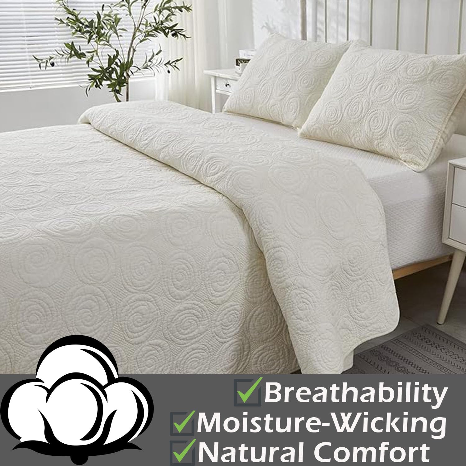 Brandream Cream White Quilt Set King Size Cotton Romantic Cream White Rose Matelasse Bedding Lightweight Quilted Comforter Set 3-Piece