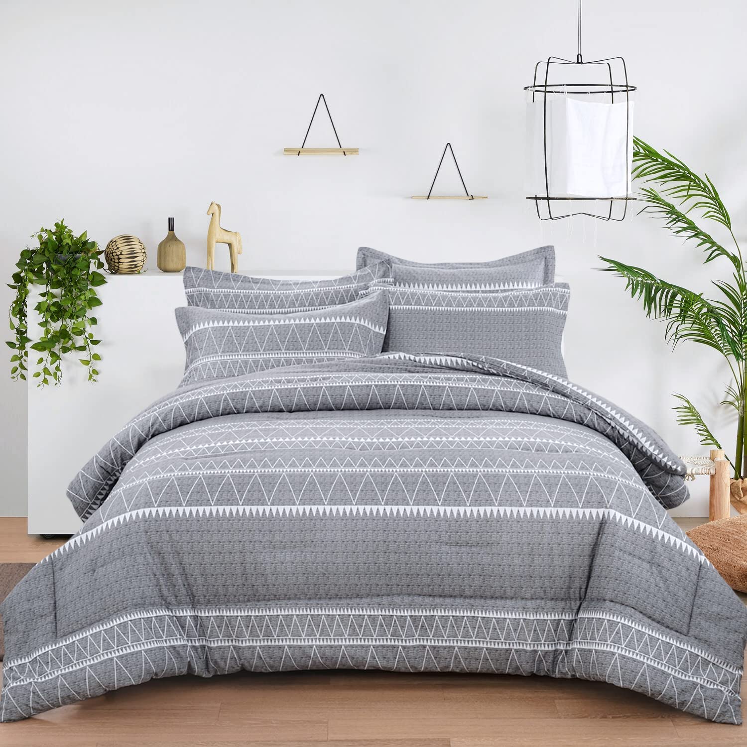WONGS BEDDING Grey Comforter Set Queen, Soft Microfiber Reversible Gray Boho Down Alternative Comforter Set for Queen Bed- 3 Pieces (1 Solid Comforter + 2 Pillowcases), Bedding Duvet Set 90"x 90"
