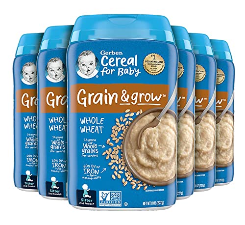 Gerber Cereal for Baby 2nd Foods Grain & Grow Cereal, Whole Wheat Cereal, Made with Whole Grains & Essential Nutrients, Non-GMO, 8-Ounce Canister (Pack of 6)