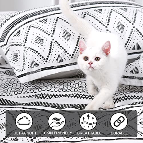 PHF Ultra Soft Boho Duvet Cover King Size, Printed Bedding Set 3 Pieces, Comfy Farmhouse Pattern Duvet Cover Set with 2 Pillow Shams, Zipper Closure and 8 Ties, 104"x90", Black & White