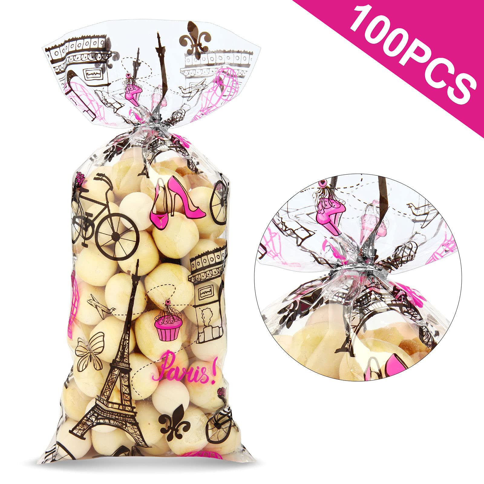 100 Pieces Paris Cellophane Treat Bags, Clear Plastic Pink Eiffel Tower Candy Goodie Bags with 100 Silver Twist Ties for Day in Paris Party Supplies