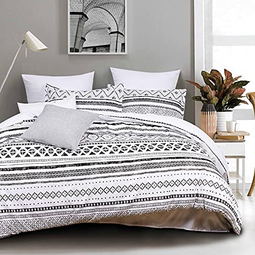 PHF Ultra Soft Boho Duvet Cover King Size, Printed Bedding Set 3 Pieces, Comfy Farmhouse Pattern Duvet Cover Set with 2 Pillow Shams, Zipper Closure and 8 Ties, 104"x90", Black & White