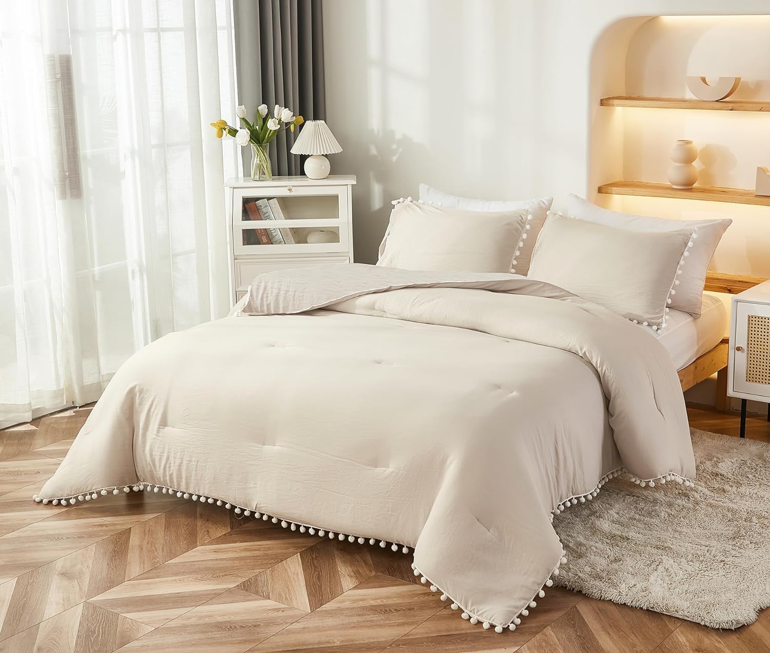 Bedbay Boho California King Comforter Set Beige Comforter 3 Piece Farmhouse Boho Bedding Sets Cute Ball Fringe Luxury Bedding Ultra Soft Microfiber Lightweight Comforter Set(Beige,Cal King)