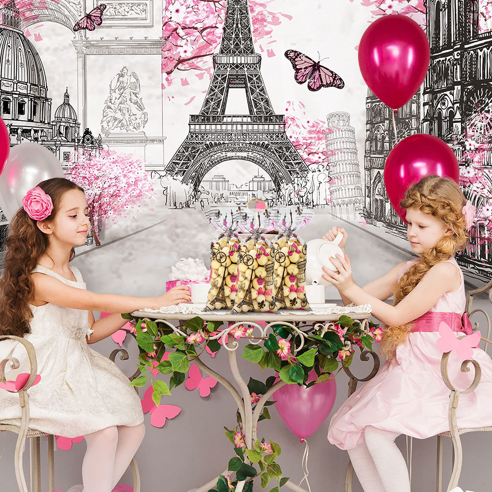 100 Pieces Paris Cellophane Treat Bags, Clear Plastic Pink Eiffel Tower Candy Goodie Bags with 100 Silver Twist Ties for Day in Paris Party Supplies