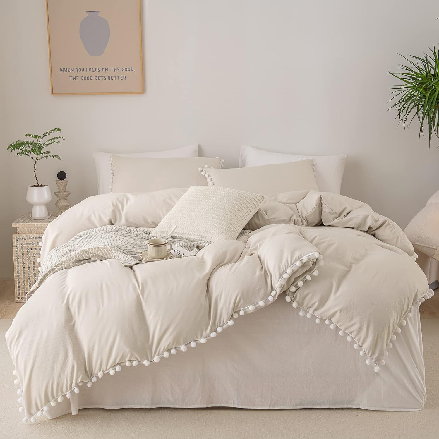 Bedbay Boho California King Comforter Set Beige Comforter 3 Piece Farmhouse Boho Bedding Sets Cute Ball Fringe Luxury Bedding Ultra Soft Microfiber Lightweight Comforter Set(Beige,Cal King)