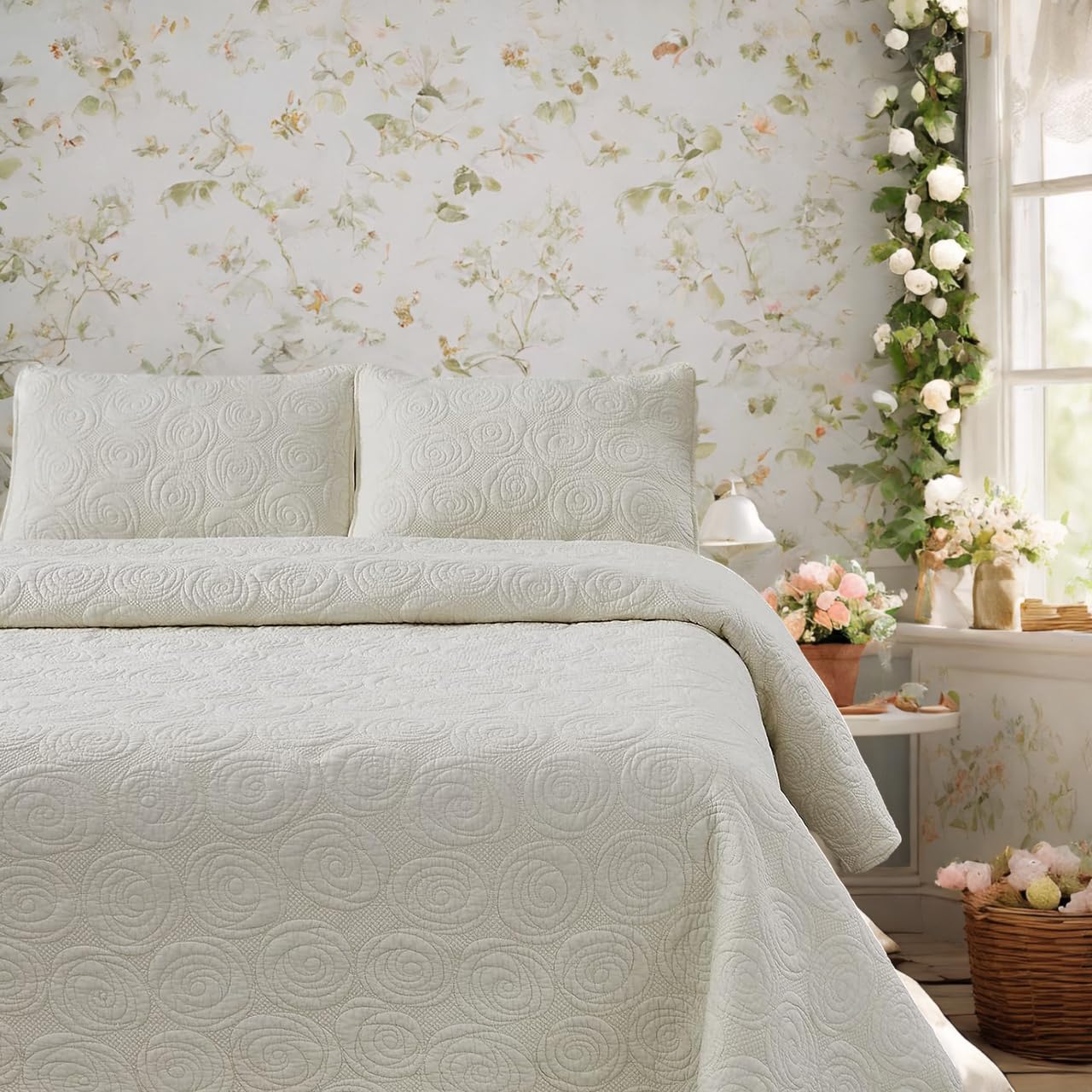 Brandream Cream White Quilt Set King Size Cotton Romantic Cream White Rose Matelasse Bedding Lightweight Quilted Comforter Set 3-Piece