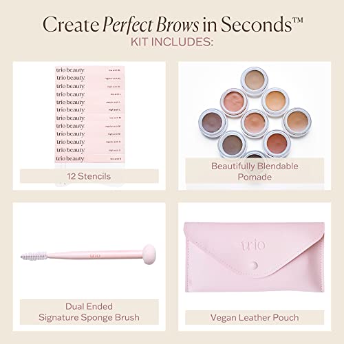 Trio Beauty Original Brow Stencil Kit with 12 Stencils | Perfect Brows in Seconds | 15-pc Eyebrow Stamp Stencil Kit with Fully Waterproof Eyebrow Pomade and Dual Ended Sponge Brush | Dark Brown