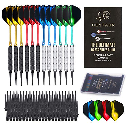 centaur 12 Pack Soft Tip Darts, Professional 18 Gram Plastic Tip Dart Sets with 4 Colors Premium Aluminum Shafts 100 Dart Tips 16 Dart Flights and Dart Case for Electronic Dart Board, Silver & Black