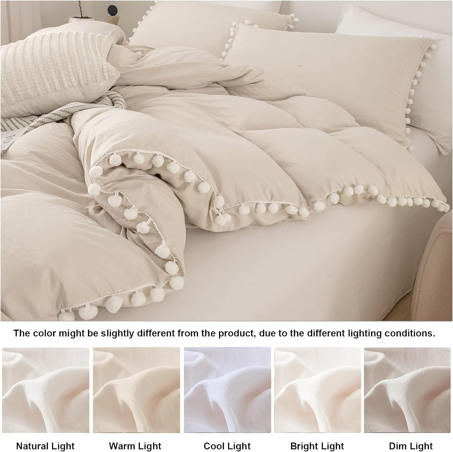Bedbay Boho California King Comforter Set Beige Comforter 3 Piece Farmhouse Boho Bedding Sets Cute Ball Fringe Luxury Bedding Ultra Soft Microfiber Lightweight Comforter Set(Beige,Cal King)