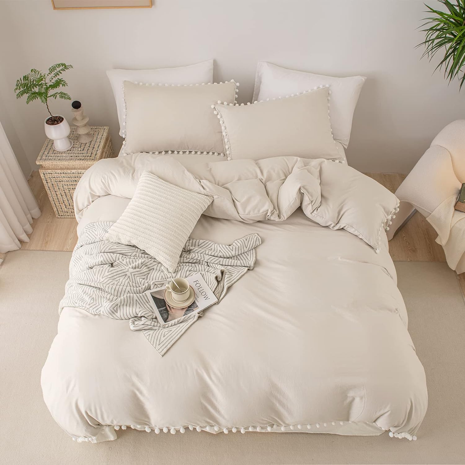 Bedbay Boho California King Comforter Set Beige Comforter 3 Piece Farmhouse Boho Bedding Sets Cute Ball Fringe Luxury Bedding Ultra Soft Microfiber Lightweight Comforter Set(Beige,Cal King)