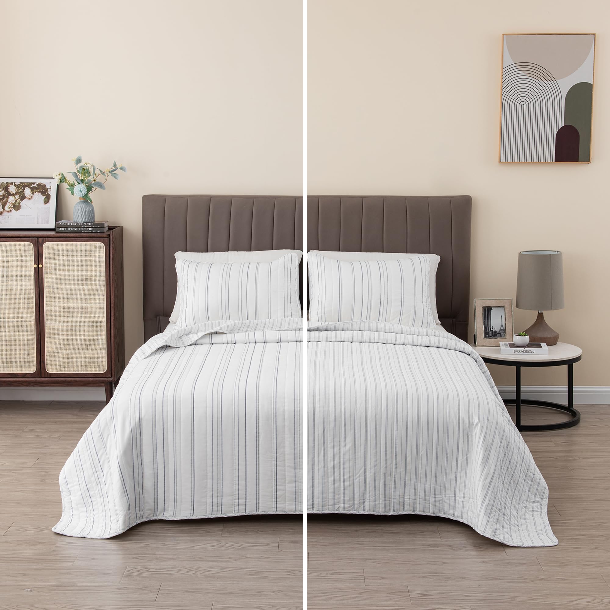3-Piece Reversible Quilt Set with Shams. All-Season Bedspread with Striped Pattern. Katelyn Collection (Full/Queen, Grey)