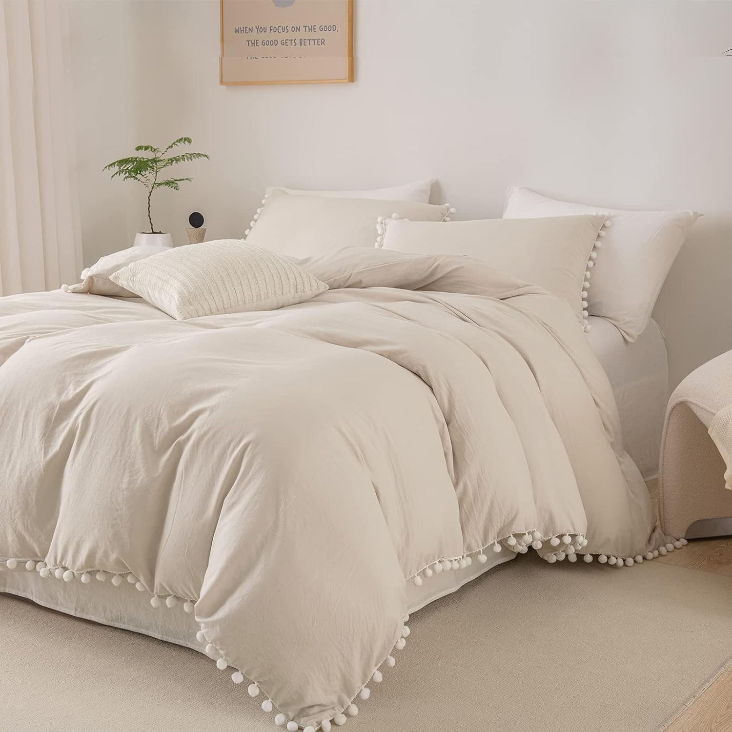Bedbay Boho California King Comforter Set Beige Comforter 3 Piece Farmhouse Boho Bedding Sets Cute Ball Fringe Luxury Bedding Ultra Soft Microfiber Lightweight Comforter Set(Beige,Cal King)