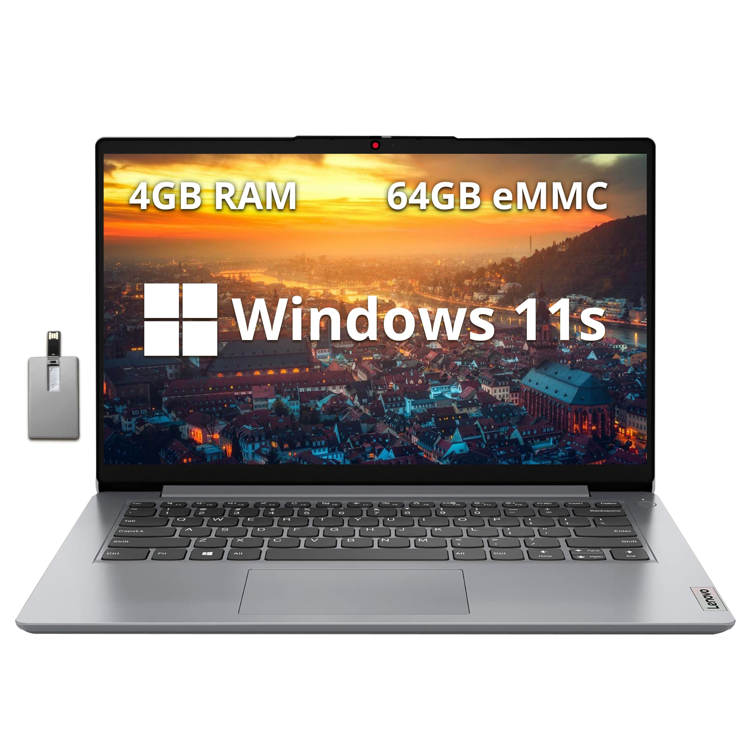 Lenovo 2022 Ideapad 1i 14" HD Laptop, Intel Celeron N4020 Processor, 4GB RAM, 64GB eMMC Flash Memory, Intel HD Graphics 500, HD Webcam, Stereo Speakers, Cloud Grey, Windows 11S, 128GB USB Card