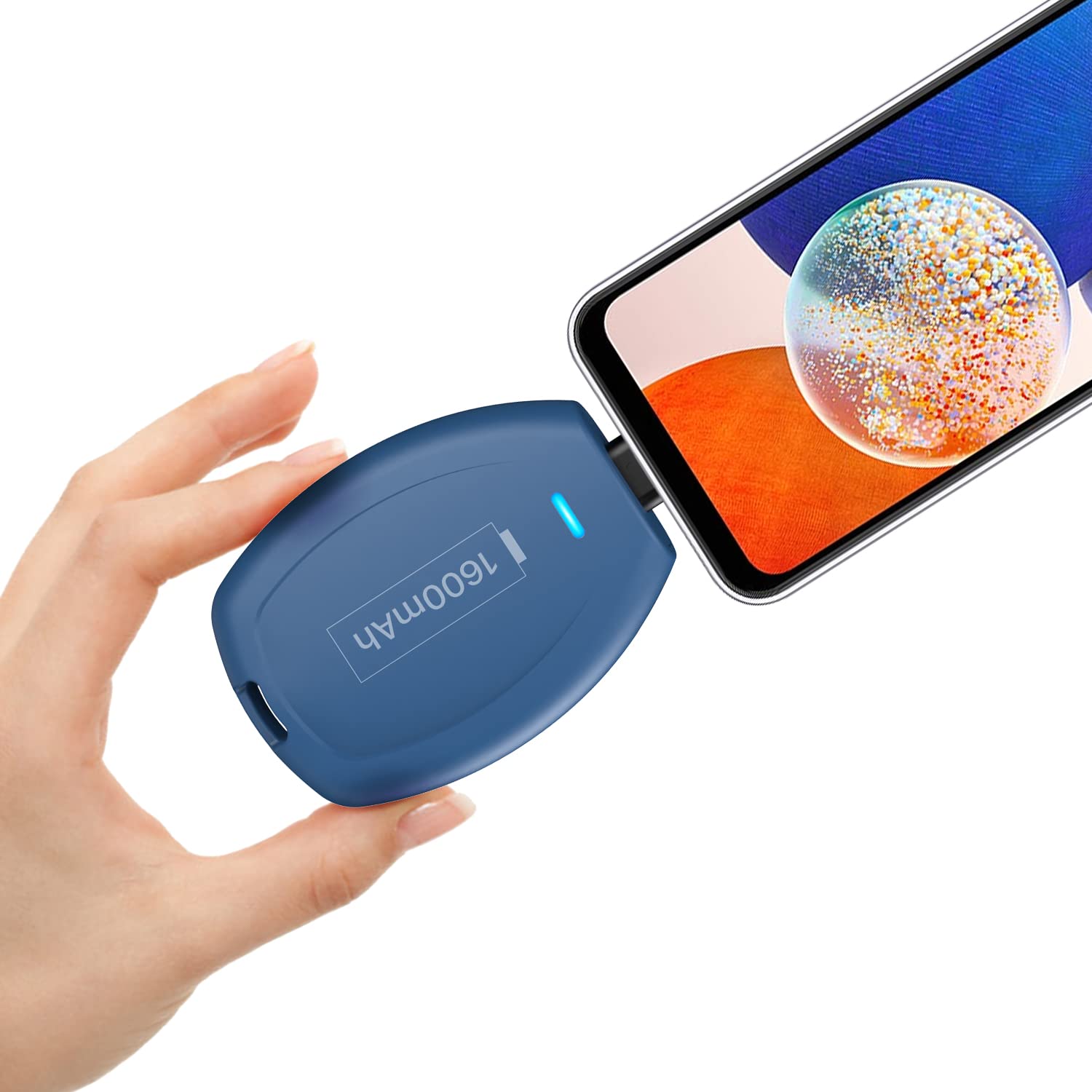 HUAENG USB C Keychain Portable Charger, 1600mAh Mini Type-C Power Emergency Pod Ultra-Compact External Battery Pack Power Bank for Samsung Andriod Key Ring Cell Phone Charger-Blue