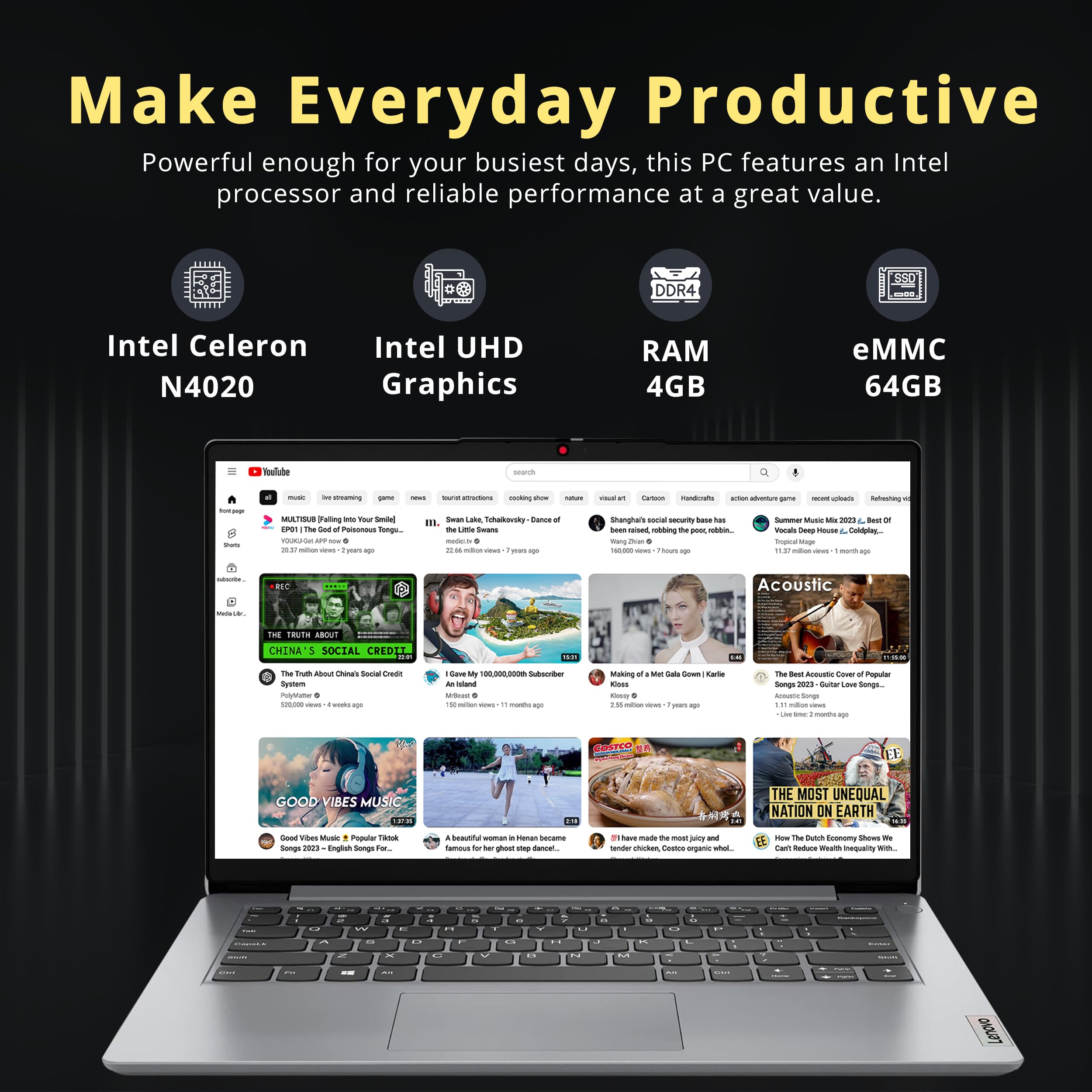 Lenovo 2022 Ideapad 1i 14" HD Laptop, Intel Celeron N4020 Processor, 4GB RAM, 64GB eMMC Flash Memory, Intel HD Graphics 500, HD Webcam, Stereo Speakers, Cloud Grey, Windows 11S, 128GB USB Card