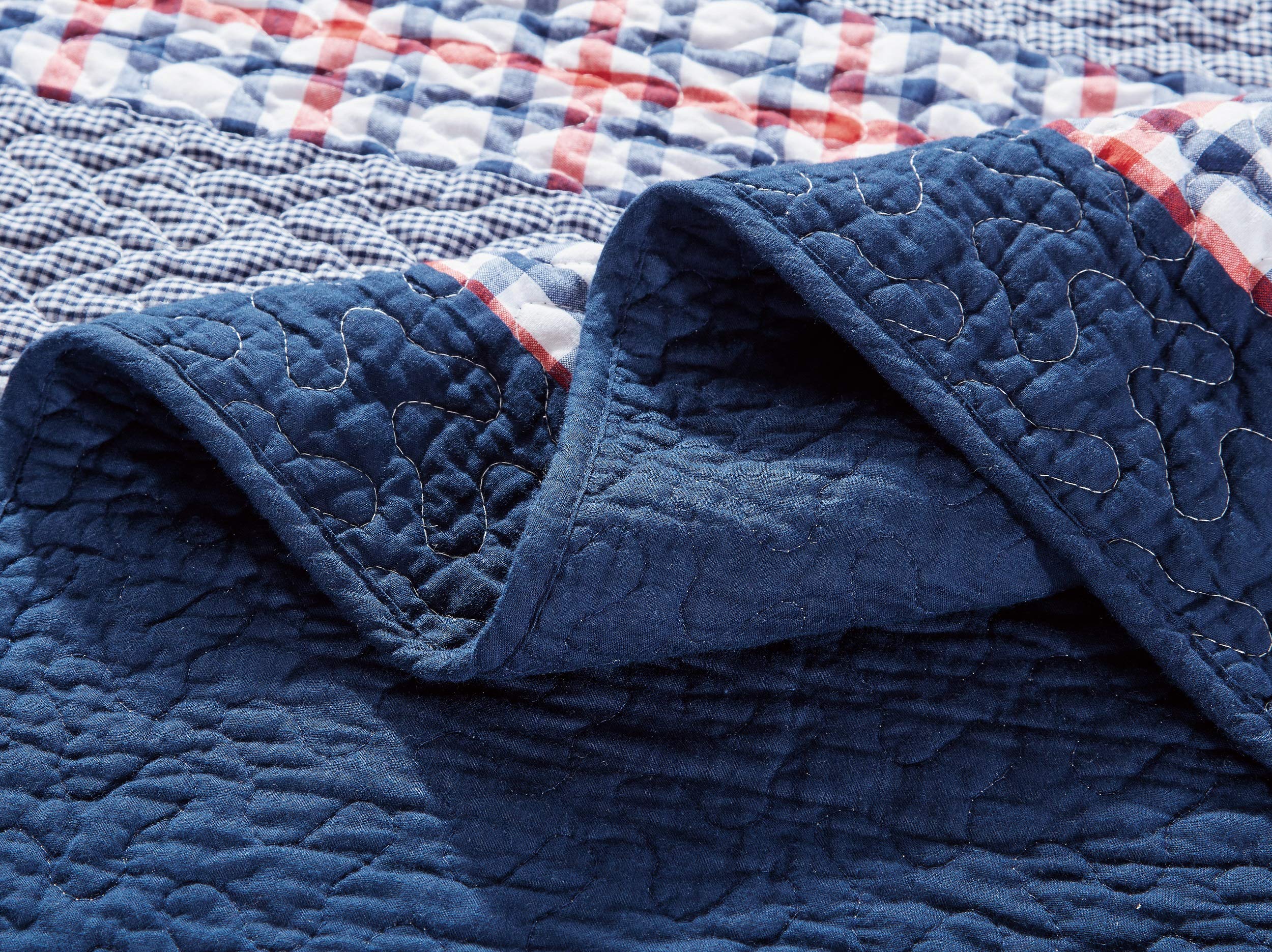 Chezmoi Collection Milton 3-Piece Plaid Checkered Patchwork Striped Quilted 100% Washed Cotton Reversible Bedspread Quilt Set, Queen