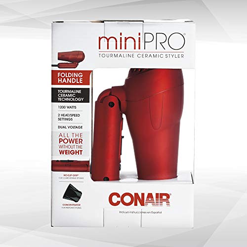 Conair miniPRO Tourmaline Ceramic Travel Hair Dryer with Folding Handle, Red