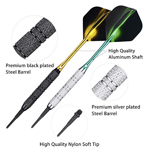 centaur 12 Pack Soft Tip Darts, Professional 18 Gram Plastic Tip Dart Sets with 4 Colors Premium Aluminum Shafts 100 Dart Tips 16 Dart Flights and Dart Case for Electronic Dart Board, Silver & Black