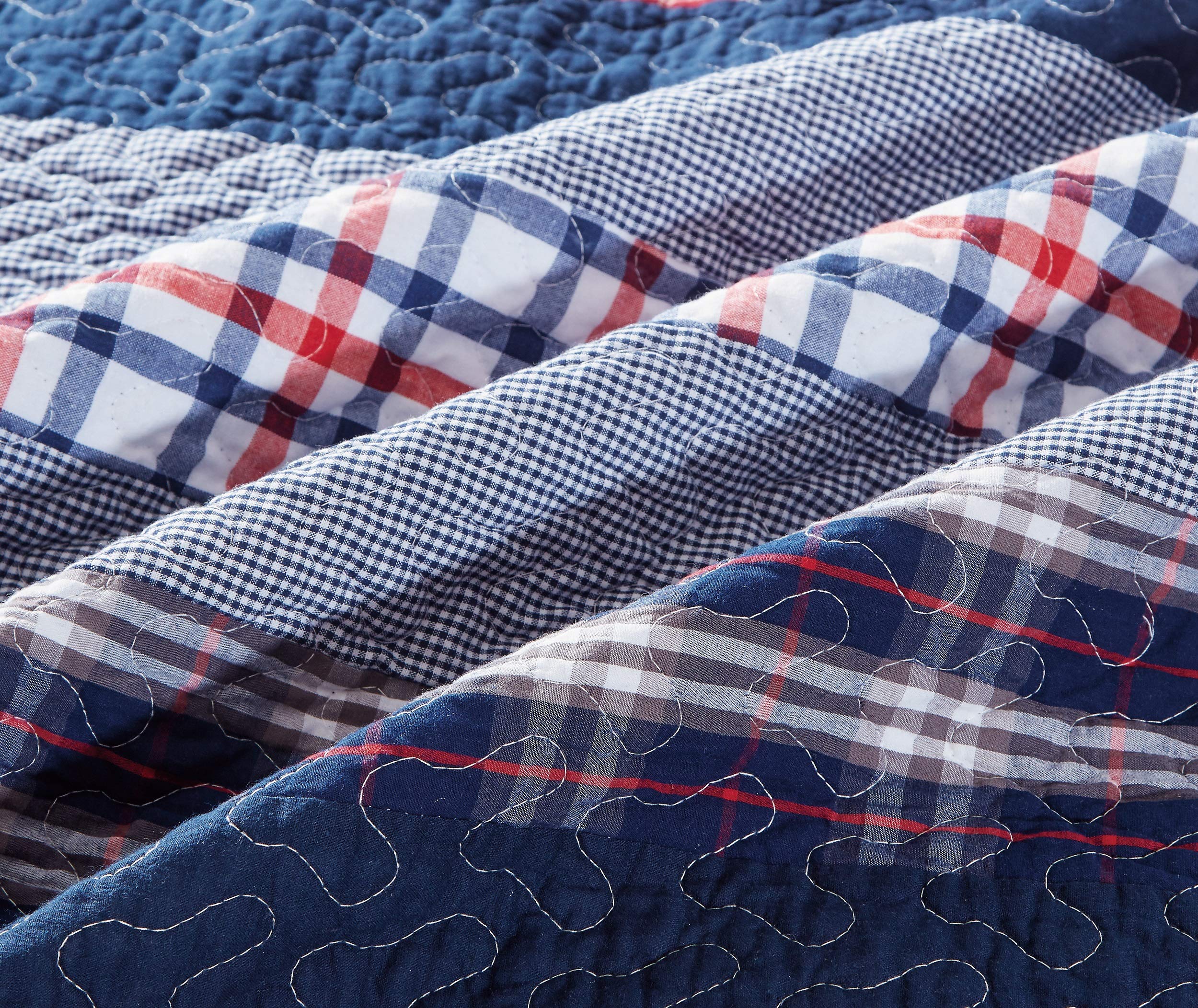 Chezmoi Collection Milton 3-Piece Plaid Checkered Patchwork Striped Quilted 100% Washed Cotton Reversible Bedspread Quilt Set, Queen