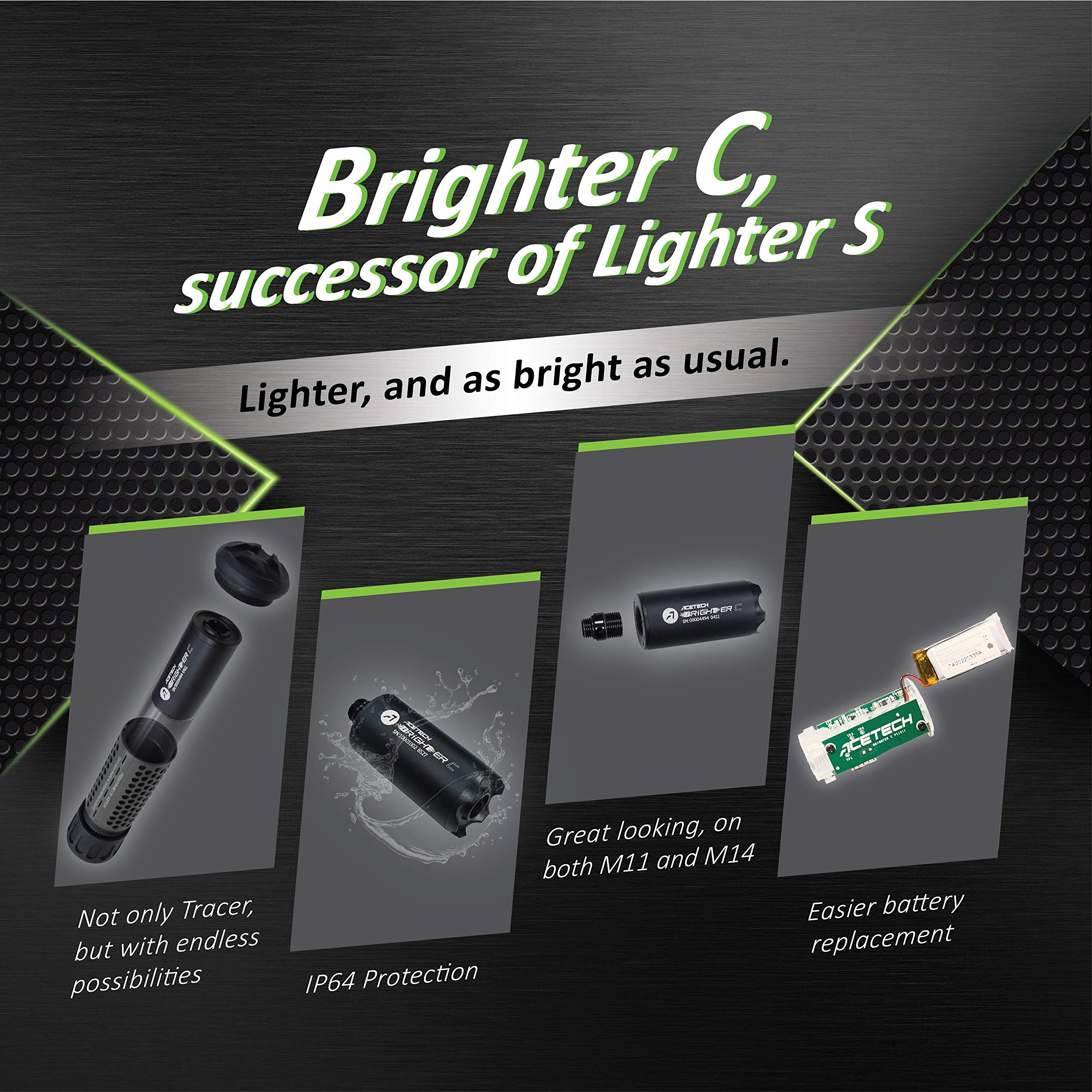 ACETECH Airsoft Pistol/Riffle Tracer Unit Brighter C 14mm CCW Negative Thread with M14 to M11+ Adaptor Glow in The Dark Green/Gel BB LED Beam Lighting Effect (Black)