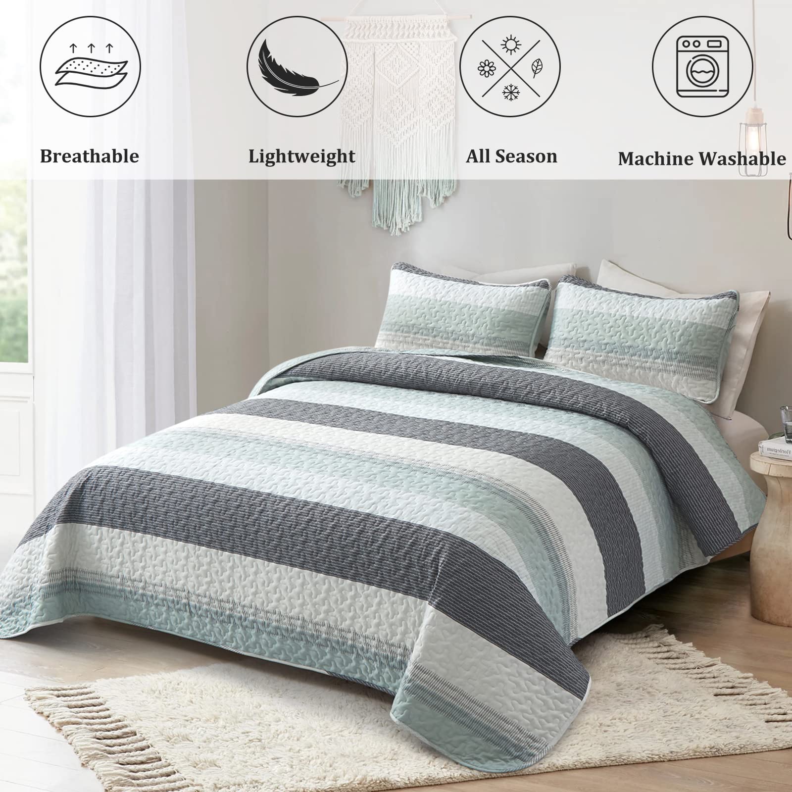 Mybedsoul Queen Quilt Set (96x90 Inch) - 3-Piece Mint Green Patchwork Bedspread Coverlet Set with 1 Striped Quilt and 2 Pillowcases - Soft Microfiber Stitched Bedding for Luxurious Comfort