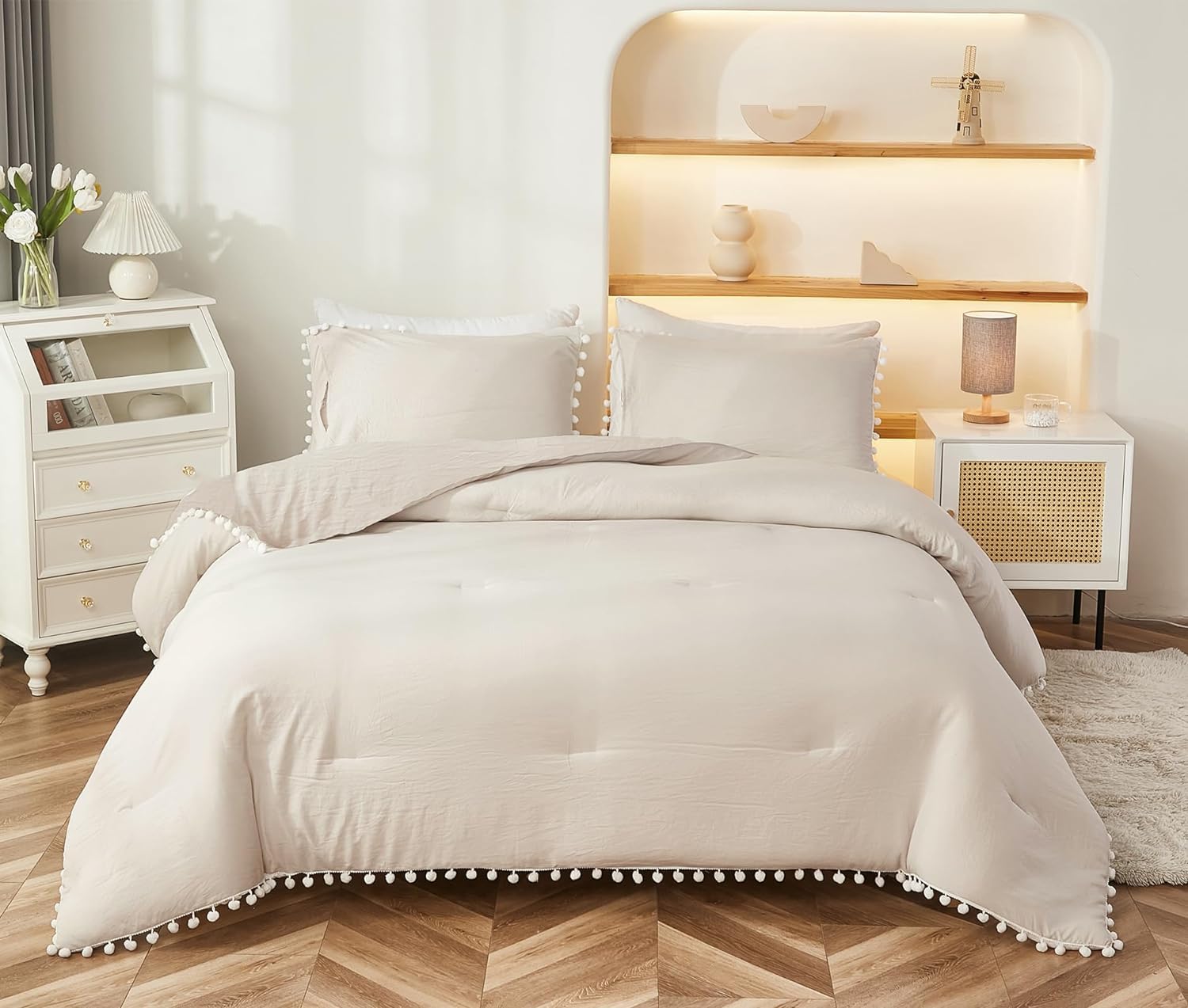 Bedbay Boho California King Comforter Set Beige Comforter 3 Piece Farmhouse Boho Bedding Sets Cute Ball Fringe Luxury Bedding Ultra Soft Microfiber Lightweight Comforter Set(Beige,Cal King)