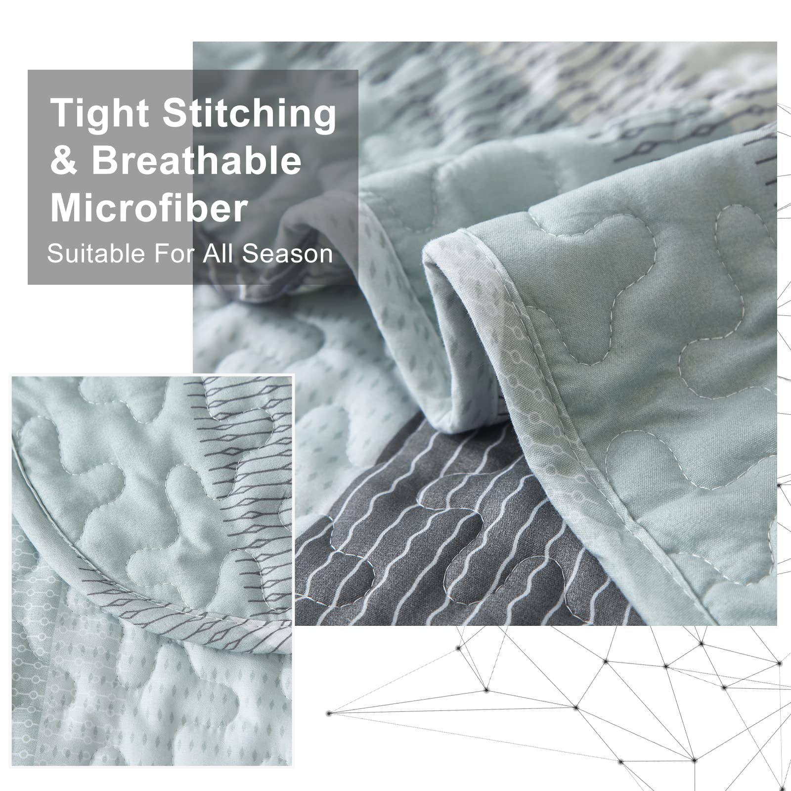 Mybedsoul Queen Quilt Set (96x90 Inch) - 3-Piece Mint Green Patchwork Bedspread Coverlet Set with 1 Striped Quilt and 2 Pillowcases - Soft Microfiber Stitched Bedding for Luxurious Comfort