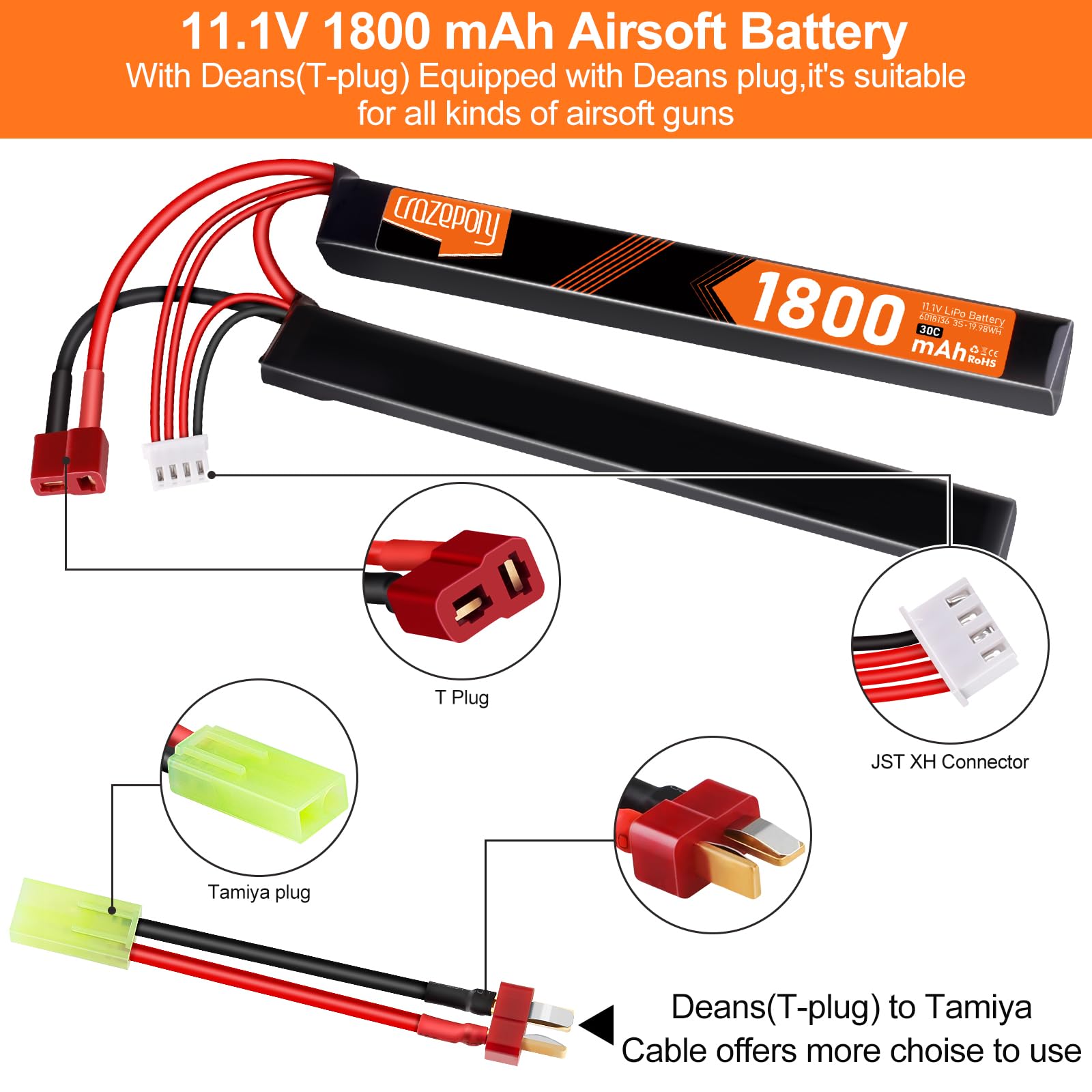 Crazepony Airsoft Battery 11.1V Rechargeable 3S LiPo 1800mAh 30C Nunchuck Split Pack Battery with Deans T Plug to Mini Tamiya Cable for Airsoft Model Guns Rifle