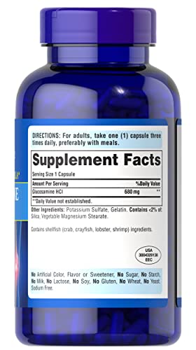 Puritans Pride Glucosamine HCI 680 Mg Capsules, White, Unflavored, 240 Count (Pack of 1)