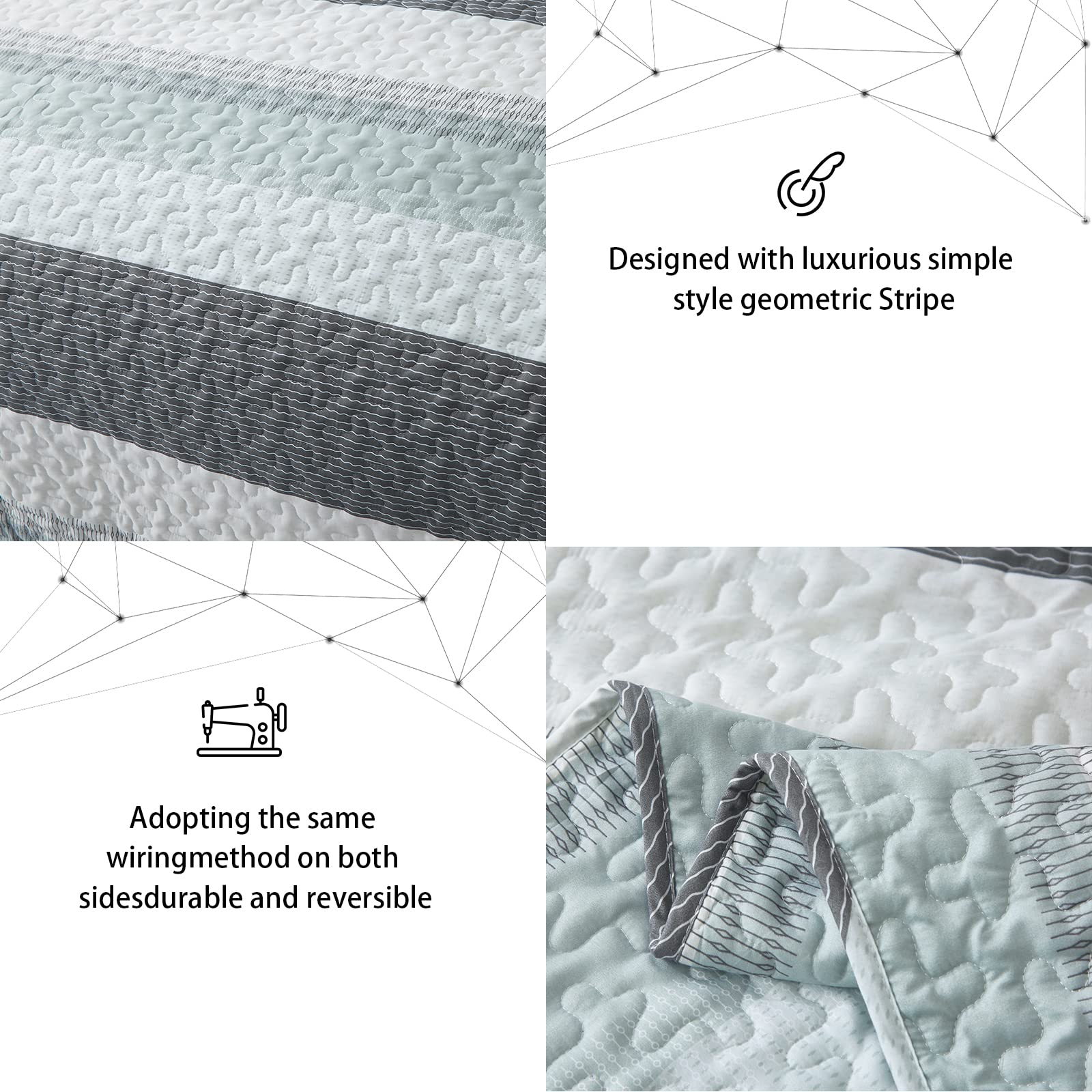 Mybedsoul Queen Quilt Set (96x90 Inch) - 3-Piece Mint Green Patchwork Bedspread Coverlet Set with 1 Striped Quilt and 2 Pillowcases - Soft Microfiber Stitched Bedding for Luxurious Comfort