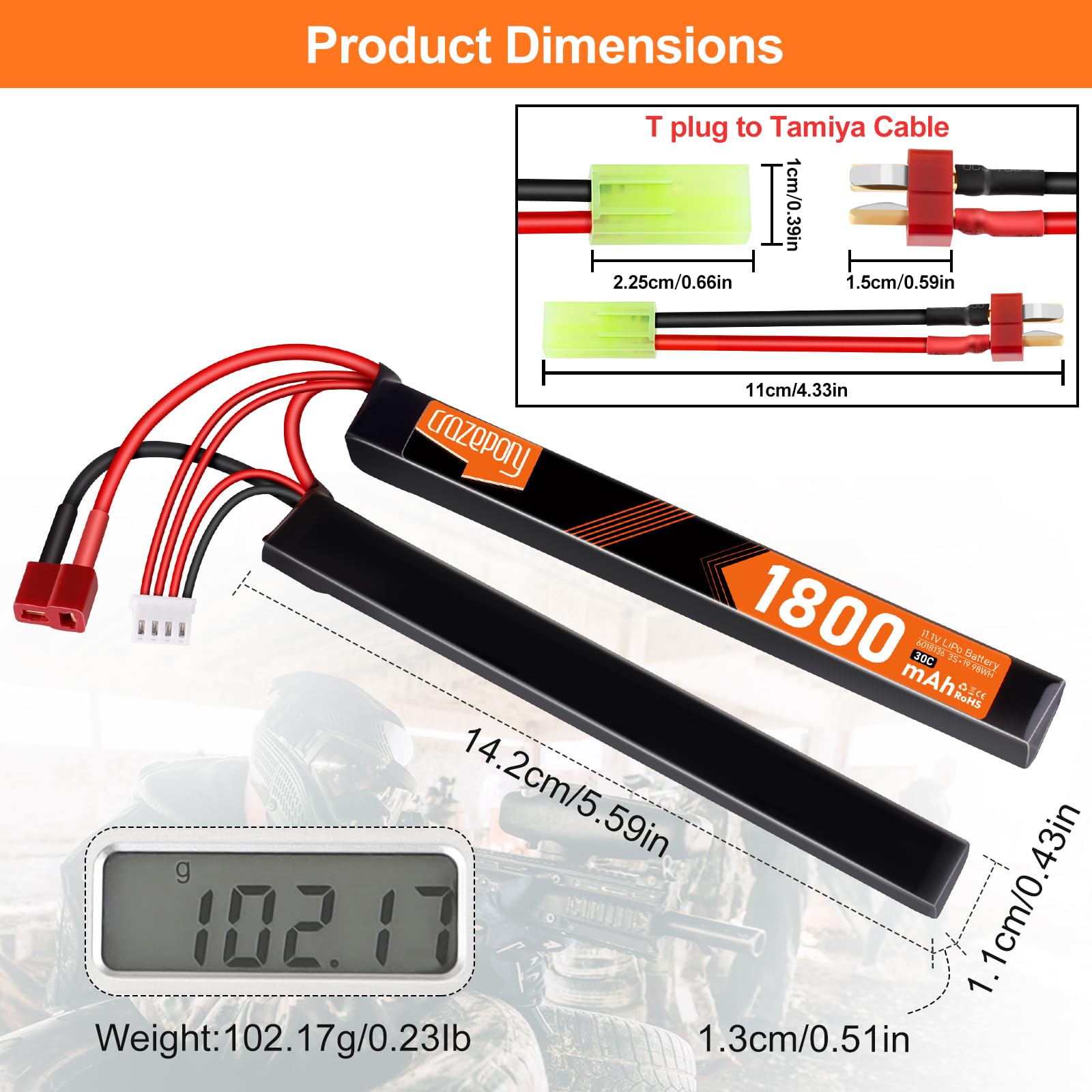 Crazepony Airsoft Battery 11.1V Rechargeable 3S LiPo 1800mAh 30C Nunchuck Split Pack Battery with Deans T Plug to Mini Tamiya Cable for Airsoft Model Guns Rifle