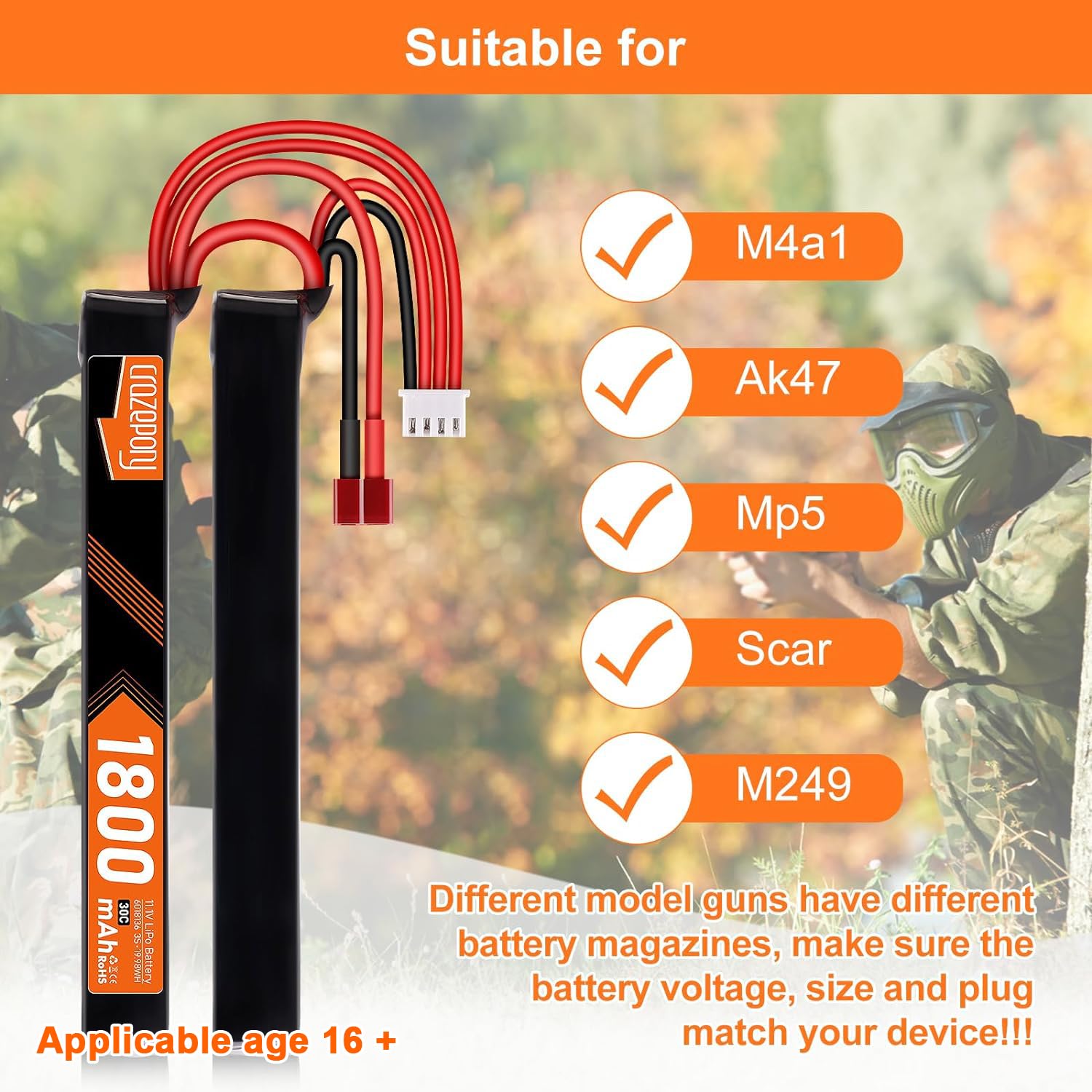 Crazepony Airsoft Battery 11.1V Rechargeable 3S LiPo 1800mAh 30C Nunchuck Split Pack Battery with Deans T Plug to Mini Tamiya Cable for Airsoft Model Guns Rifle