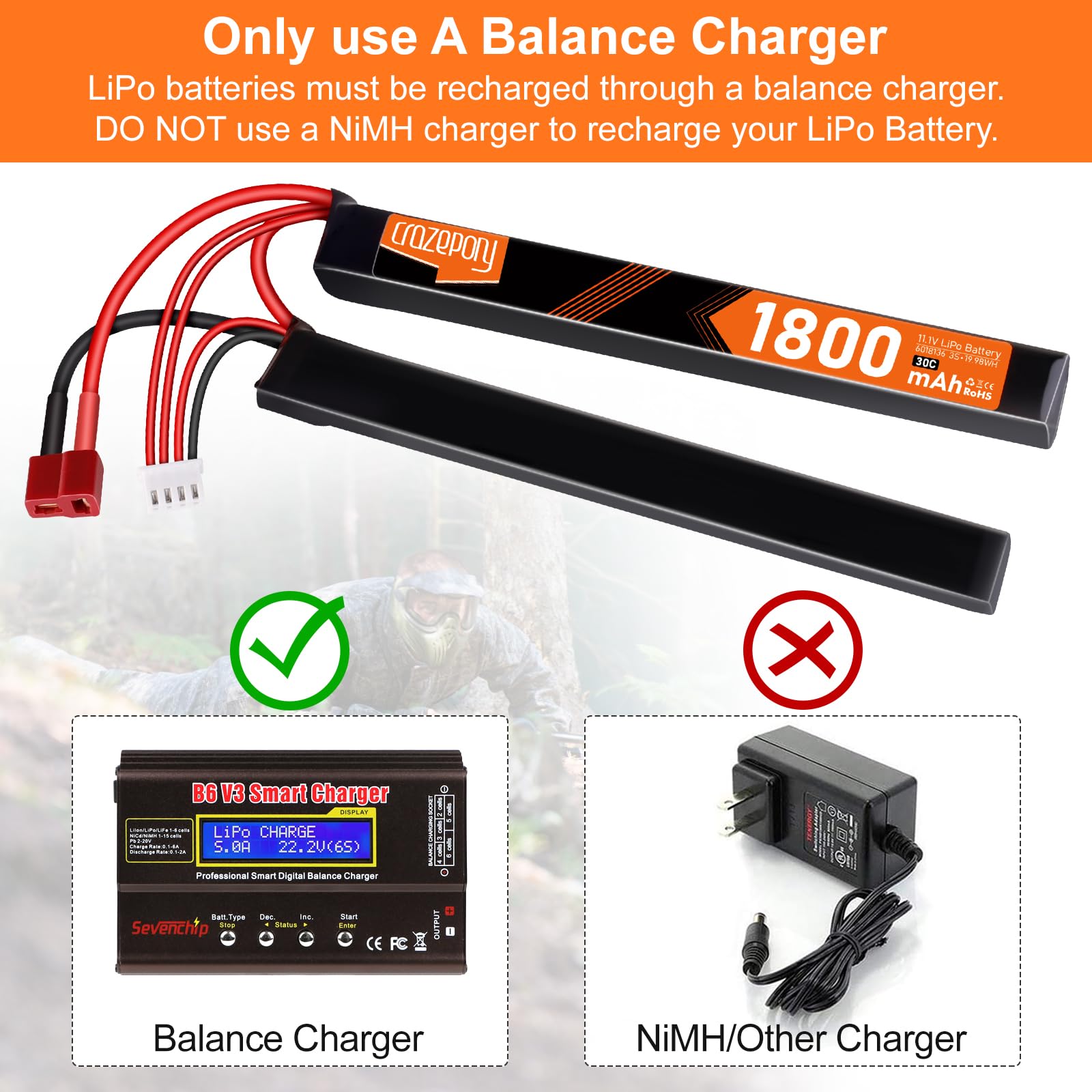 Crazepony Airsoft Battery 11.1V Rechargeable 3S LiPo 1800mAh 30C Nunchuck Split Pack Battery with Deans T Plug to Mini Tamiya Cable for Airsoft Model Guns Rifle