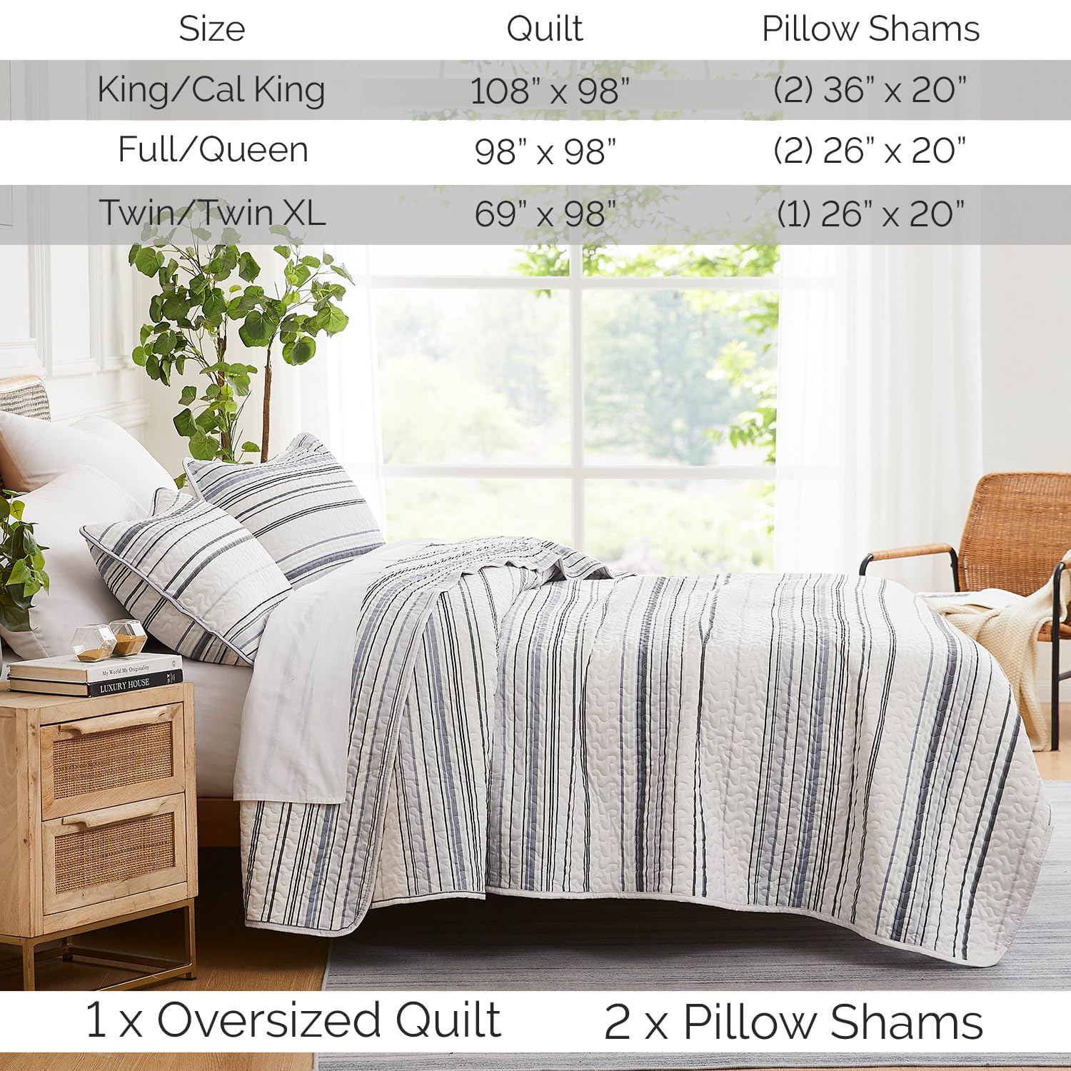 Southshore Fine Living, Inc. Oversized King Quilt Set, Striped Beige Lightweight Bedspread, 3-Piece Coastal Bedding Set, Soft Microfiber Fabric, California King Quilt Sets Oversized, Grey Stripes