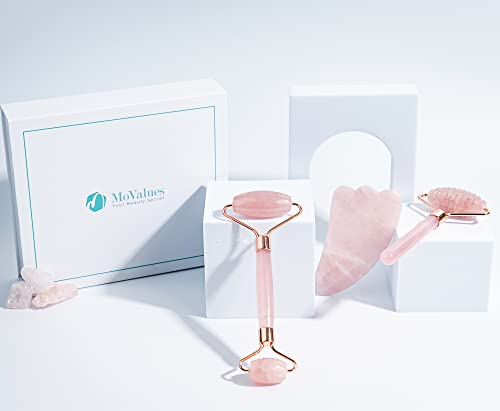 4-in-1 Jade Roller and Gua Sha Set. Rose Quartz Roller with Eye Massager, Jade Gua Sha, Ridged Roller Massager. Jade Roller For Face Real Jade 100% Jade Stone Roller. Facial Massager Ice Roller