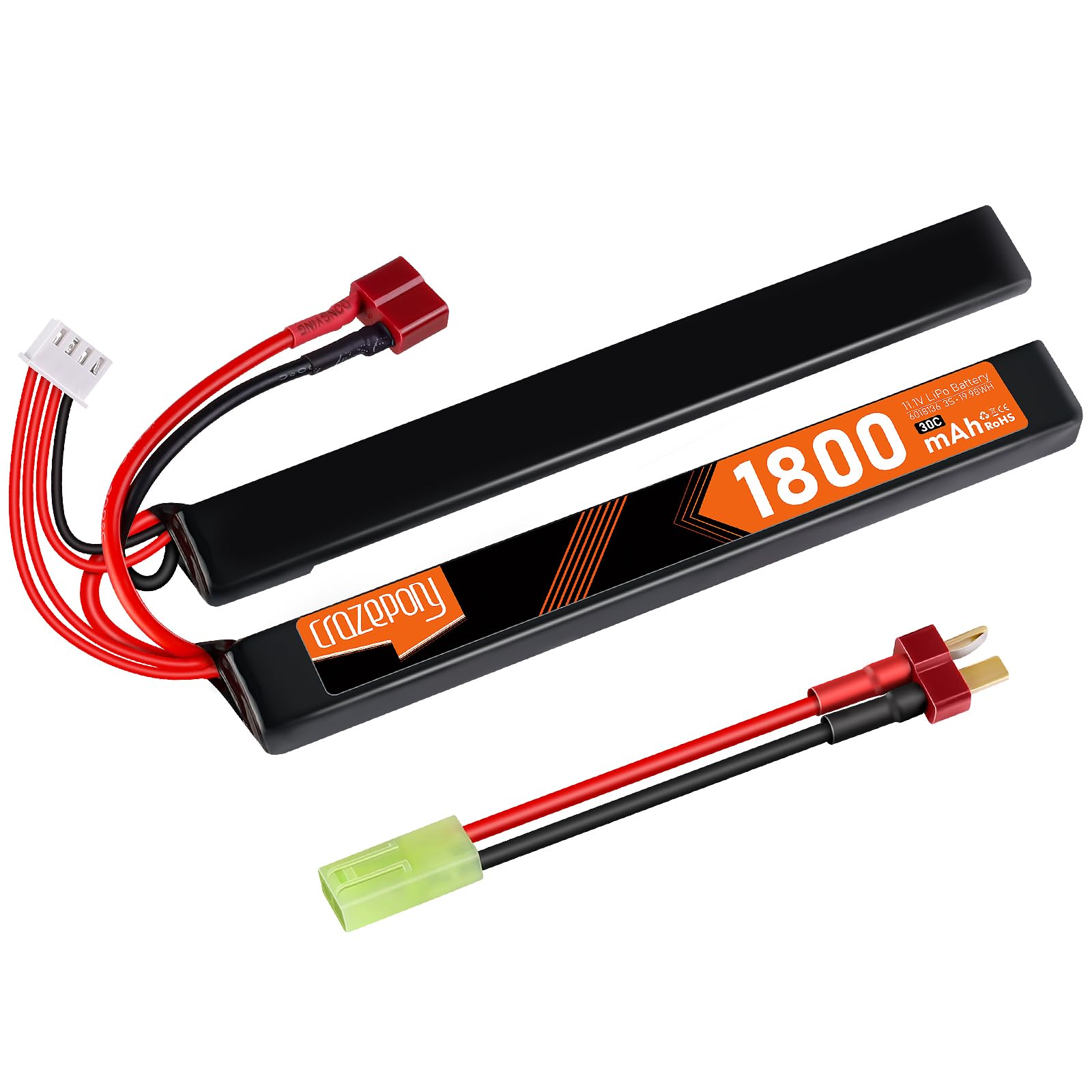 Crazepony Airsoft Battery 11.1V Rechargeable 3S LiPo 1800mAh 30C Nunchuck Split Pack Battery with Deans T Plug to Mini Tamiya Cable for Airsoft Model Guns Rifle