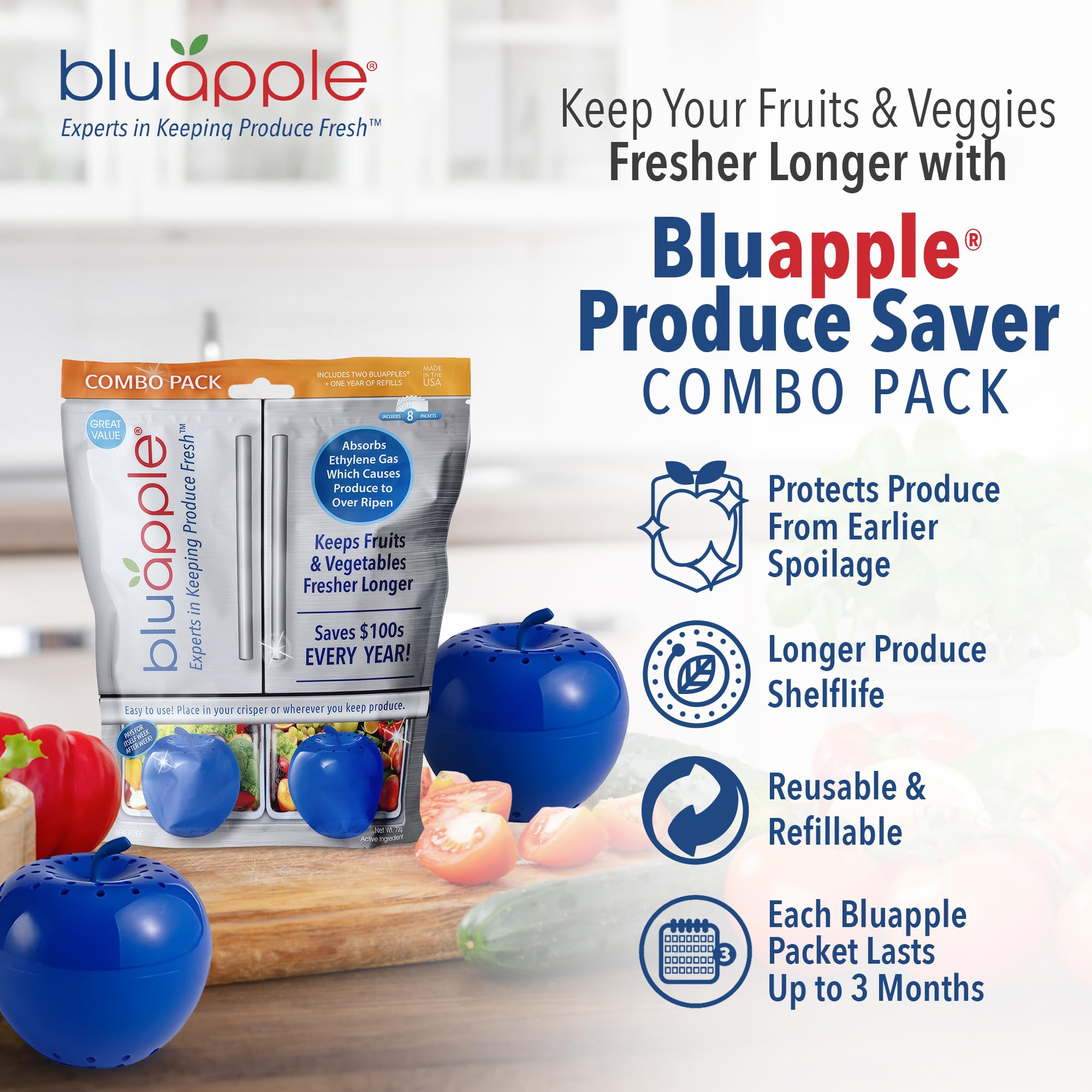 Bluapple Produce Saver Combo Pack - Keeps Fruits & Veggies Fresh in Refrigerator Crisper/Shelves, Lasts up to 3 Months, 8 Packets and 2 Bluapples for 1 Year, BPA Free Ethylene Gas Absorber, USA Made