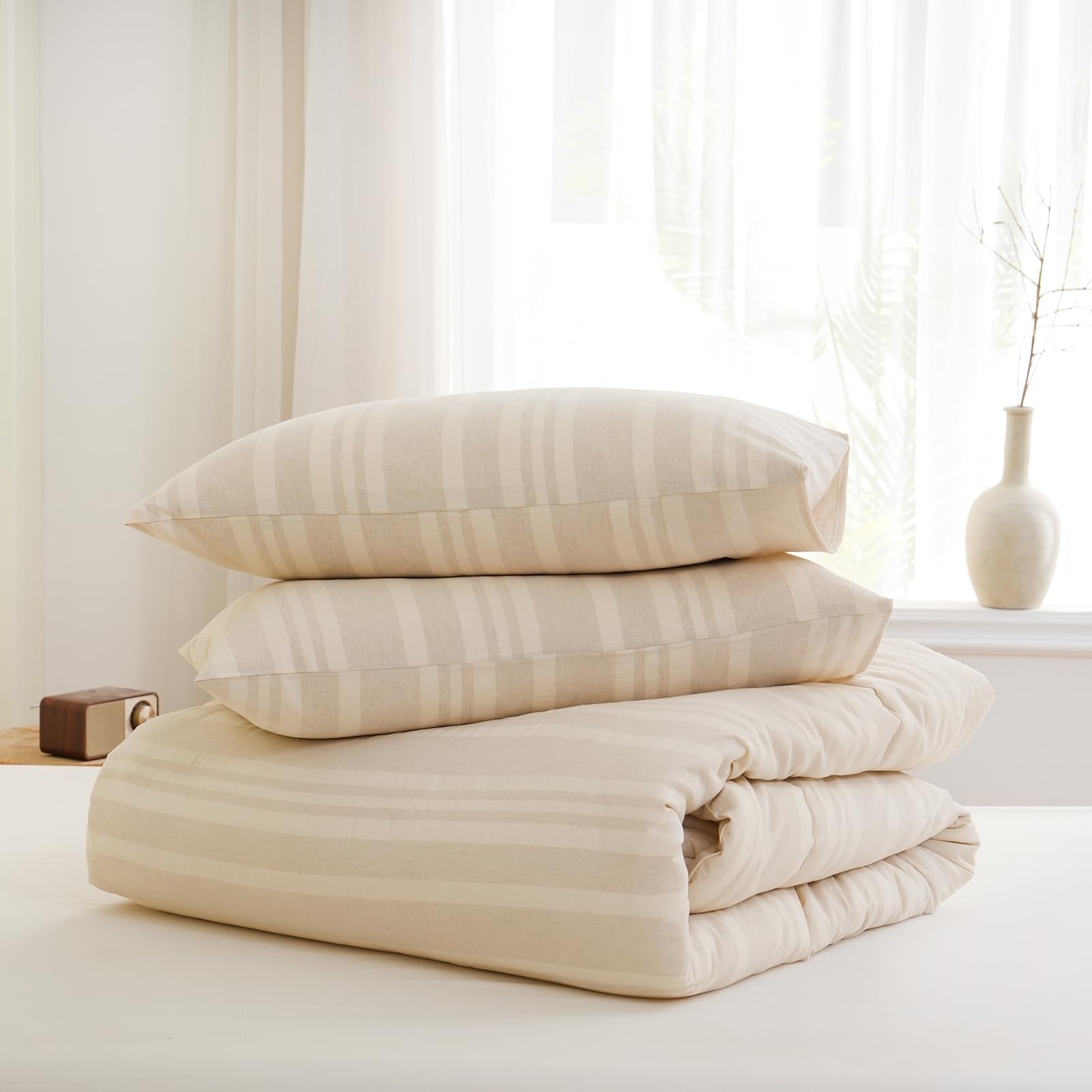 MOVE OVER Striped Linen Comforter Set Queen Linen Cotton Blend Bedding Comforter Set 3 Pieces Wide and Narrow Stripe Design Neutral Style Flax Comforter Set for All Season