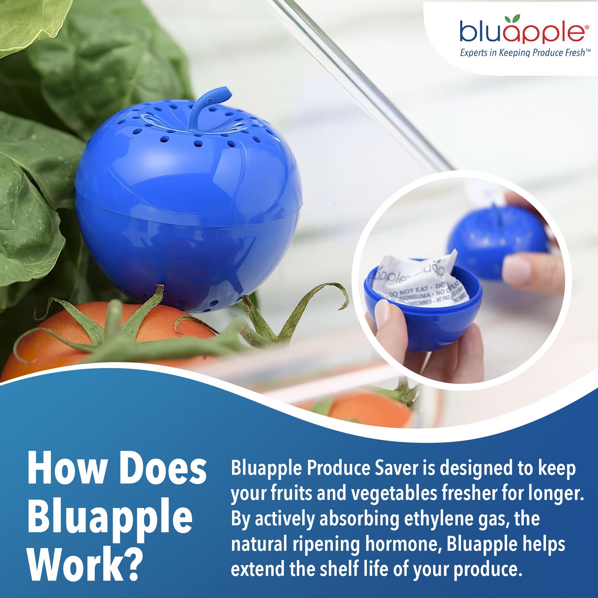 Bluapple Produce Saver Combo Pack - Keeps Fruits & Veggies Fresh in Refrigerator Crisper/Shelves, Lasts up to 3 Months, 8 Packets and 2 Bluapples for 1 Year, BPA Free Ethylene Gas Absorber, USA Made