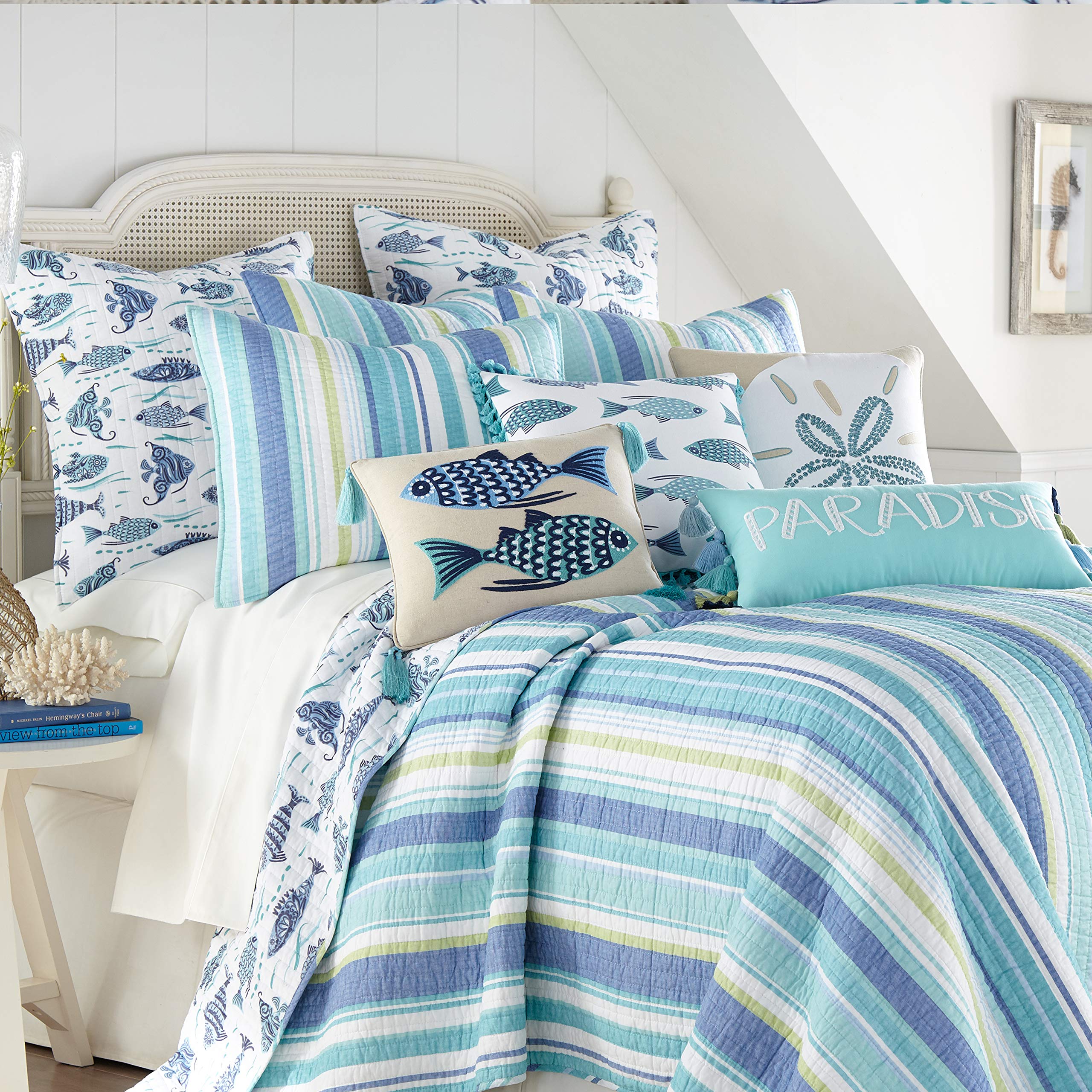 Levtex Home Laida Beach Bedding Set - 3Piece, Blue, Cotton, King Quilt & 2 Shams, Reversible, Coastal Stripe, Tropical Fish