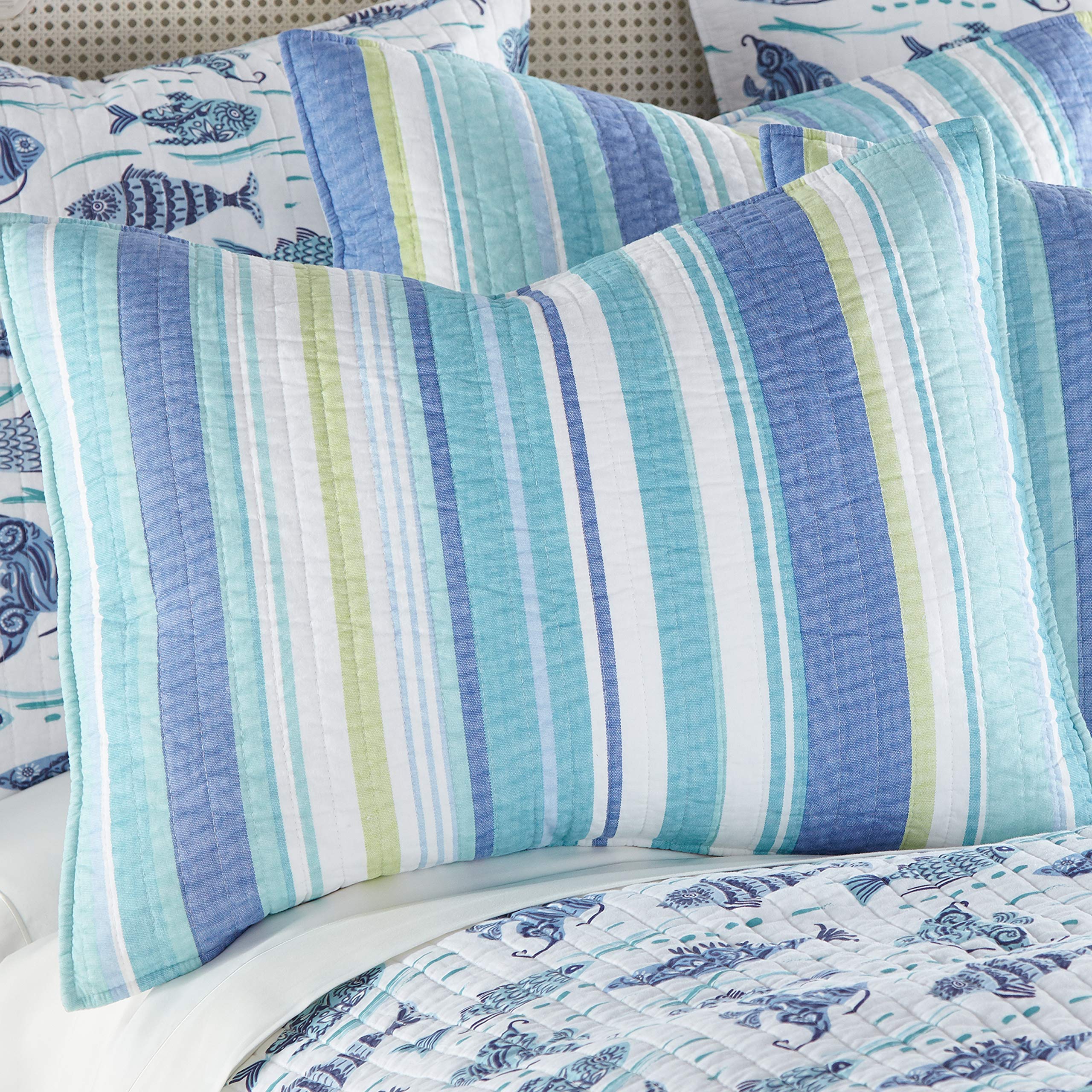 Levtex Home Laida Beach Bedding Set - 3Piece, Blue, Cotton, King Quilt & 2 Shams, Reversible, Coastal Stripe, Tropical Fish