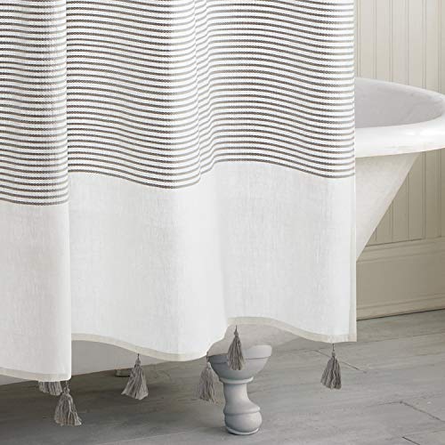 Peri Home Panama Stripe Boho Farmhouse Tassel Shower Curtain 100% Cotton Fabric Shower Curtain with Tassels for Bathroom Decor, 72 x 72 inches, Grey
